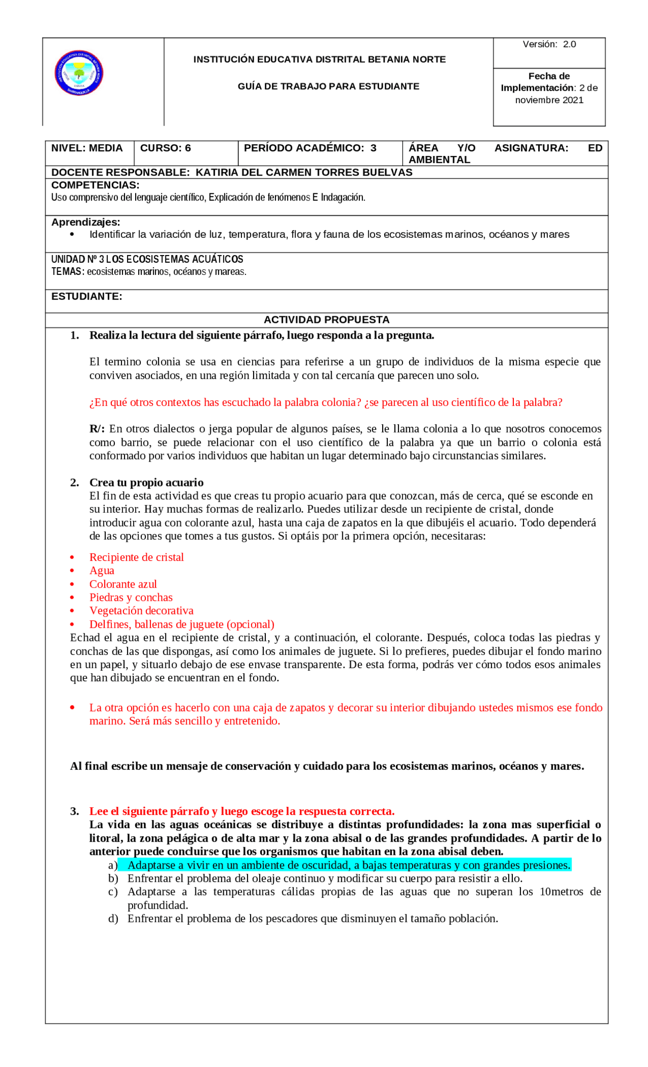 Ejercicios De Biologia Y Ambiental Docsity
