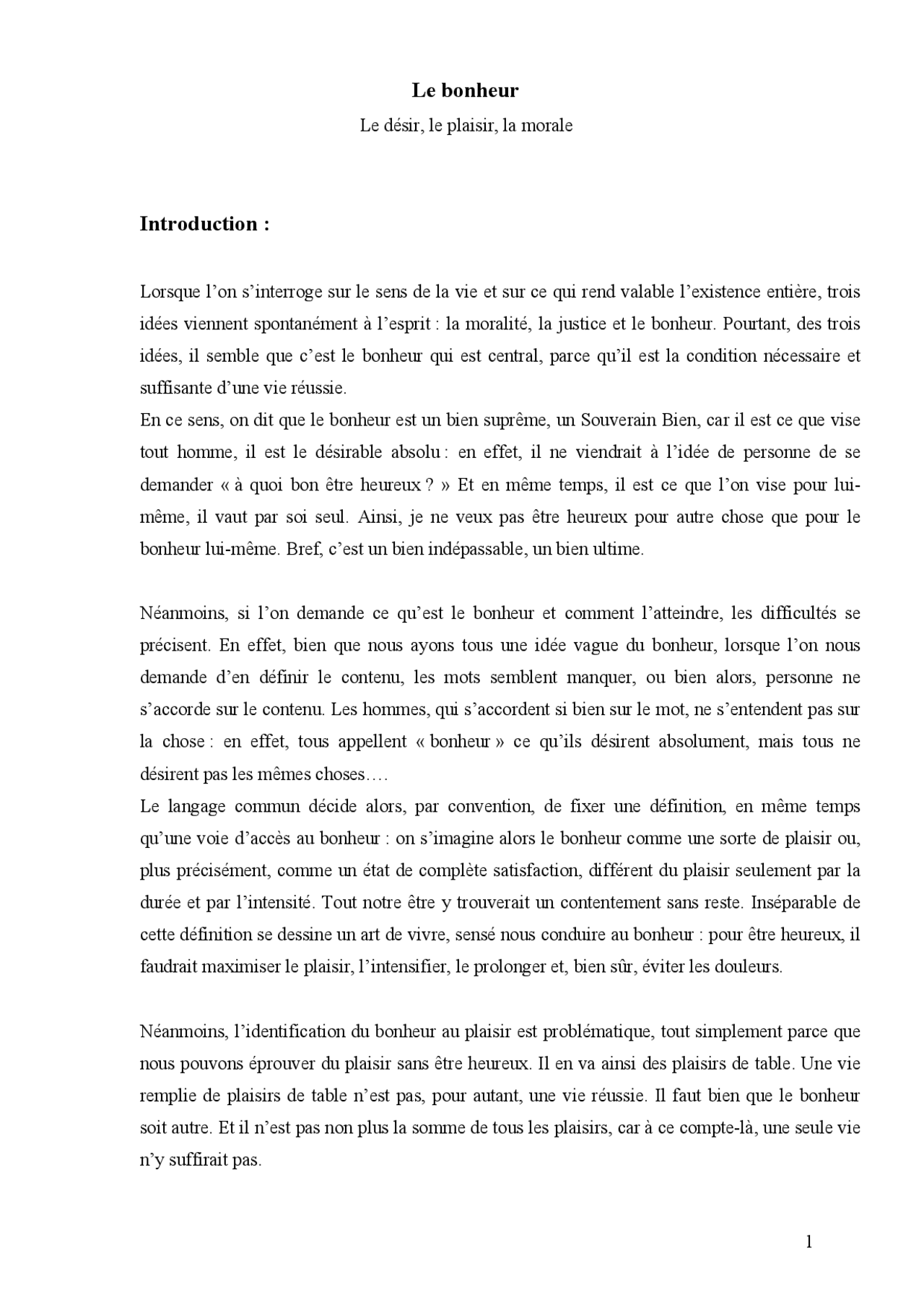 Le Bonheur Désir Le Plaisir La Morale Docsity