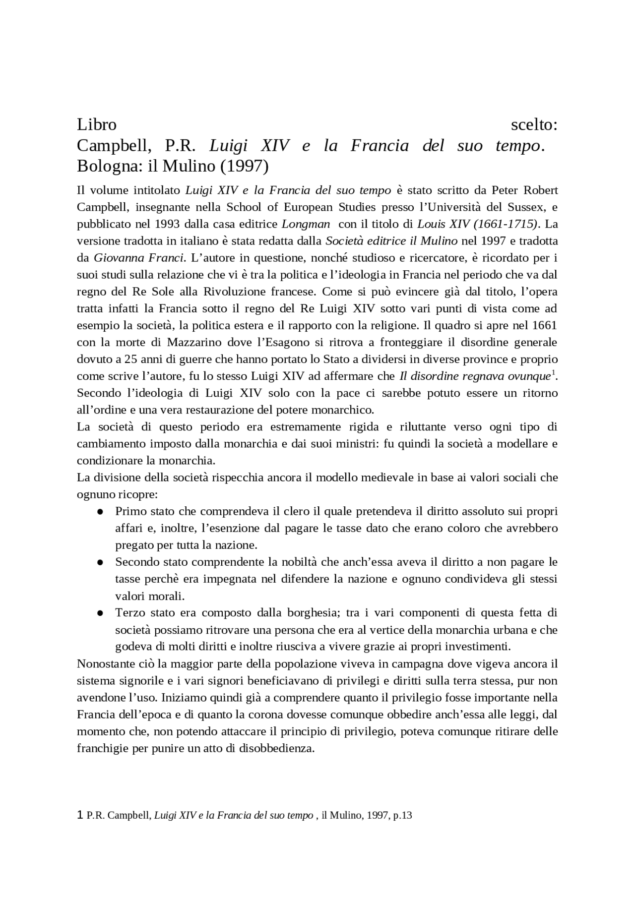 Luigi Xiv E La Francia Del Suo Tempo Relazione Del Libro Docsity