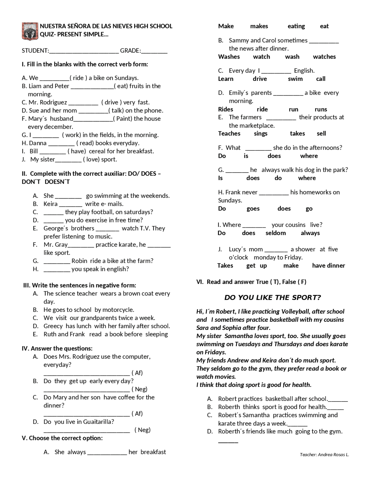 Quiz present simple TENSE - SIXTH GRADE... - Docsity
