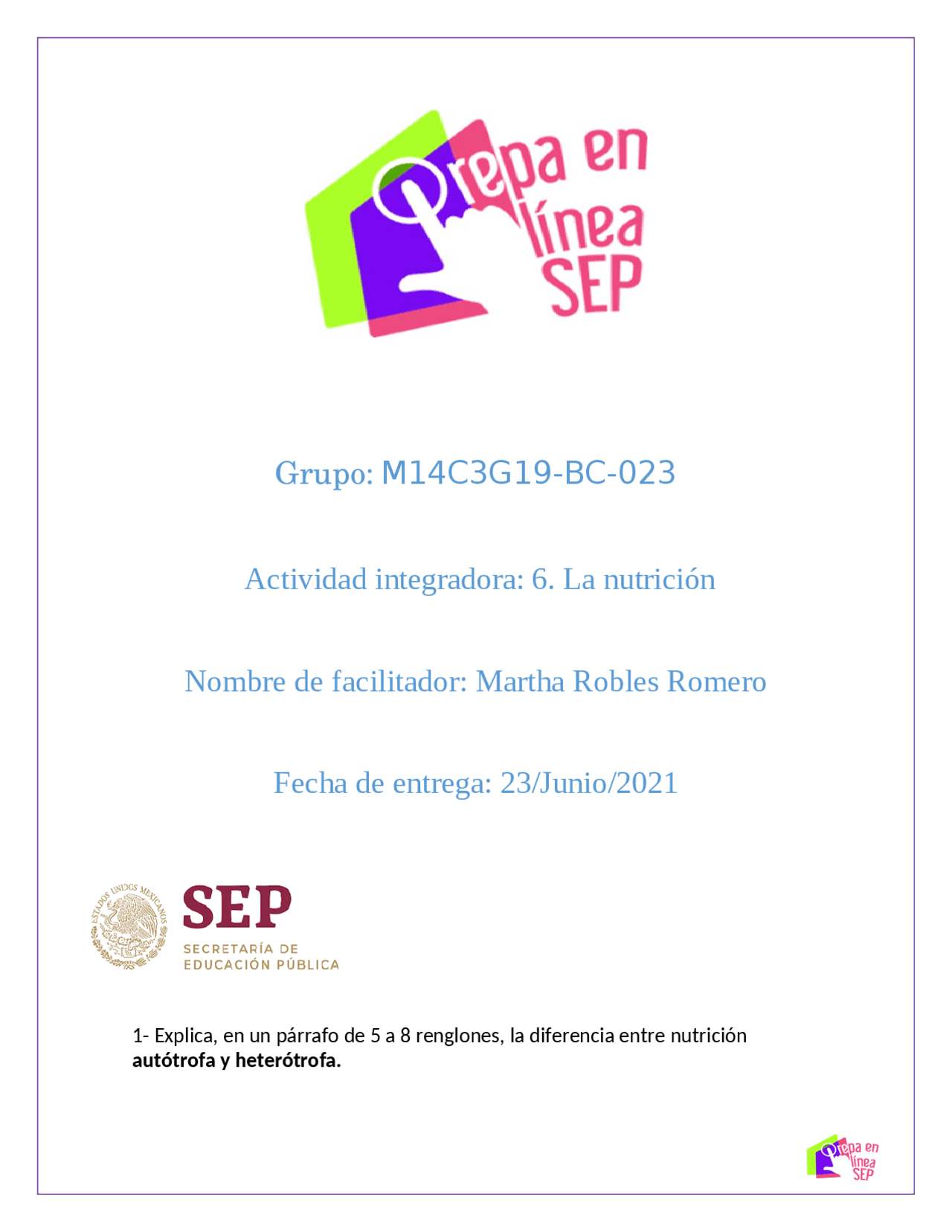 Actividad Integradora 6 La Nutrición Apuntes De Biología Docsity