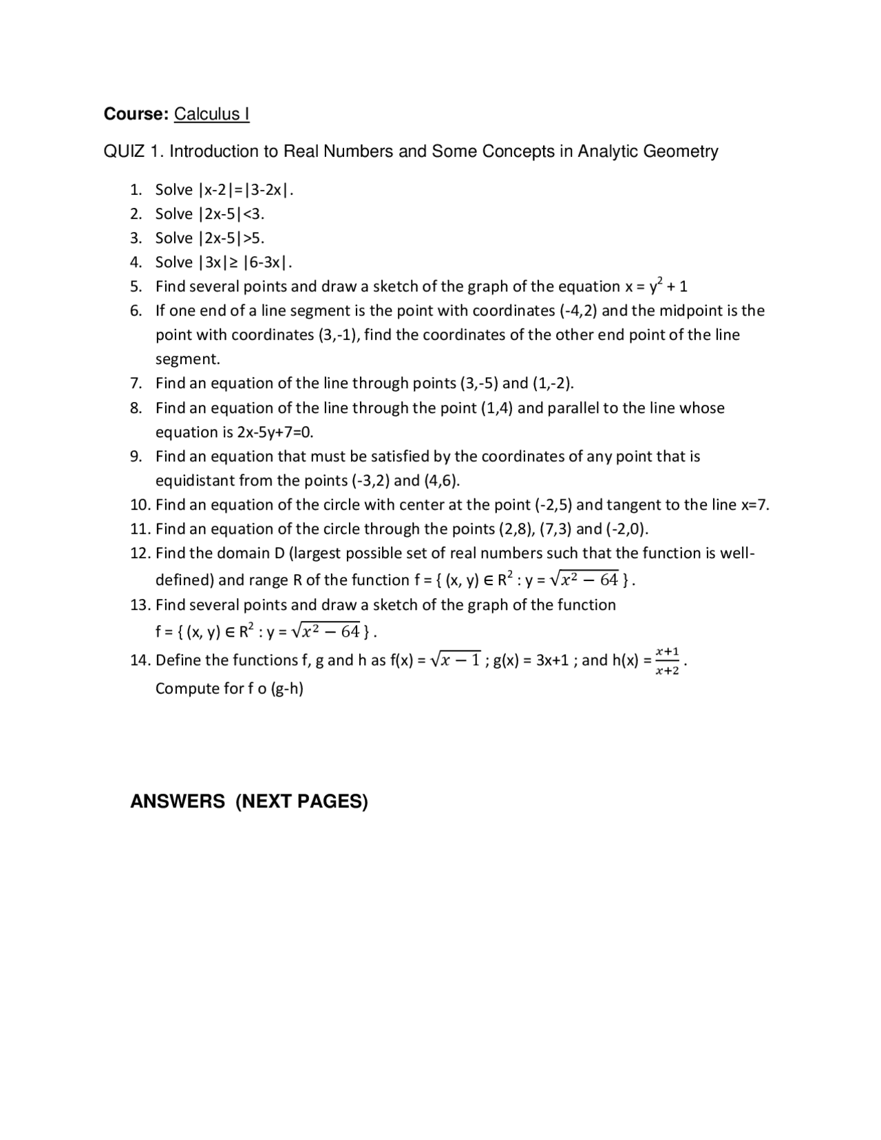 Calculus I With Analytic Geometry Quizzes 1 5 Docsity