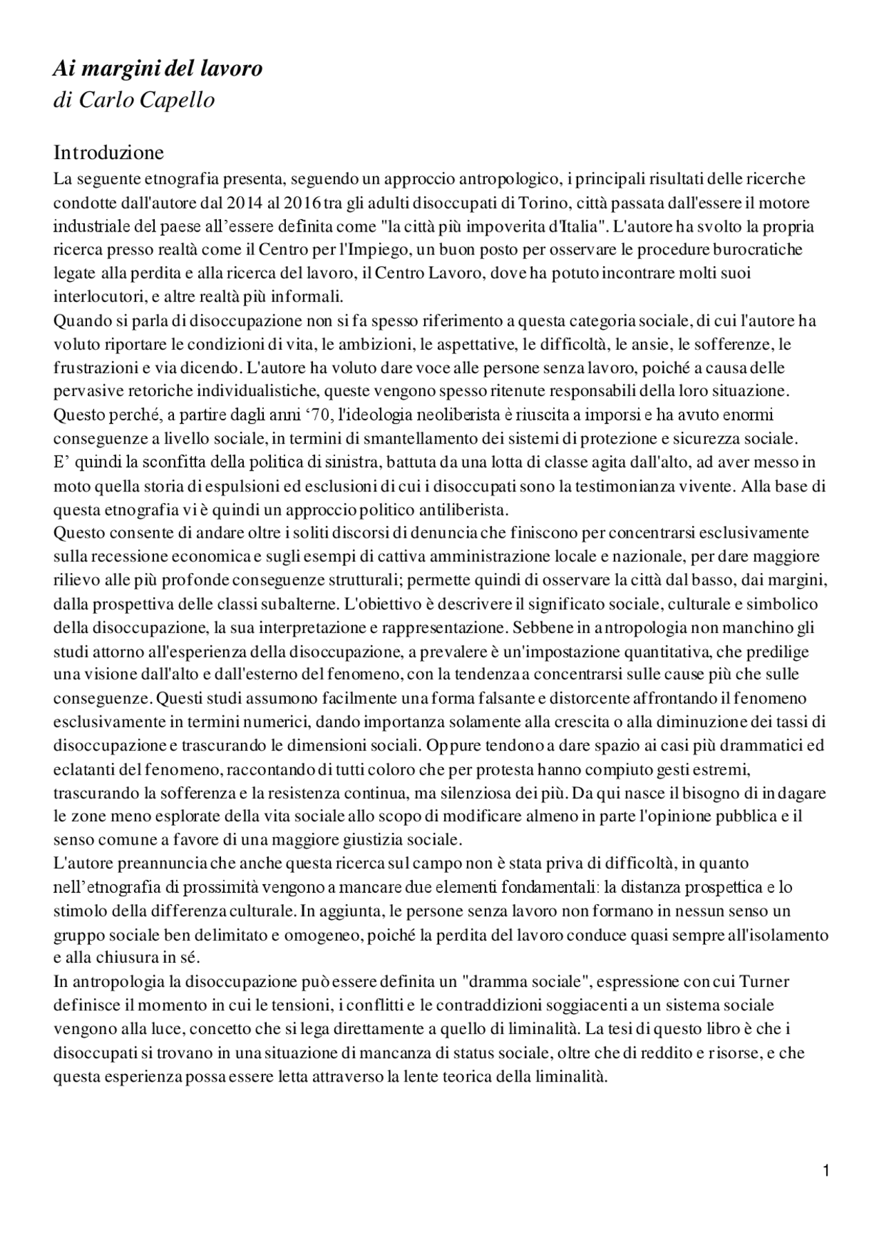 "Ai margini del lavoro" di Carlo Capello - Docsity