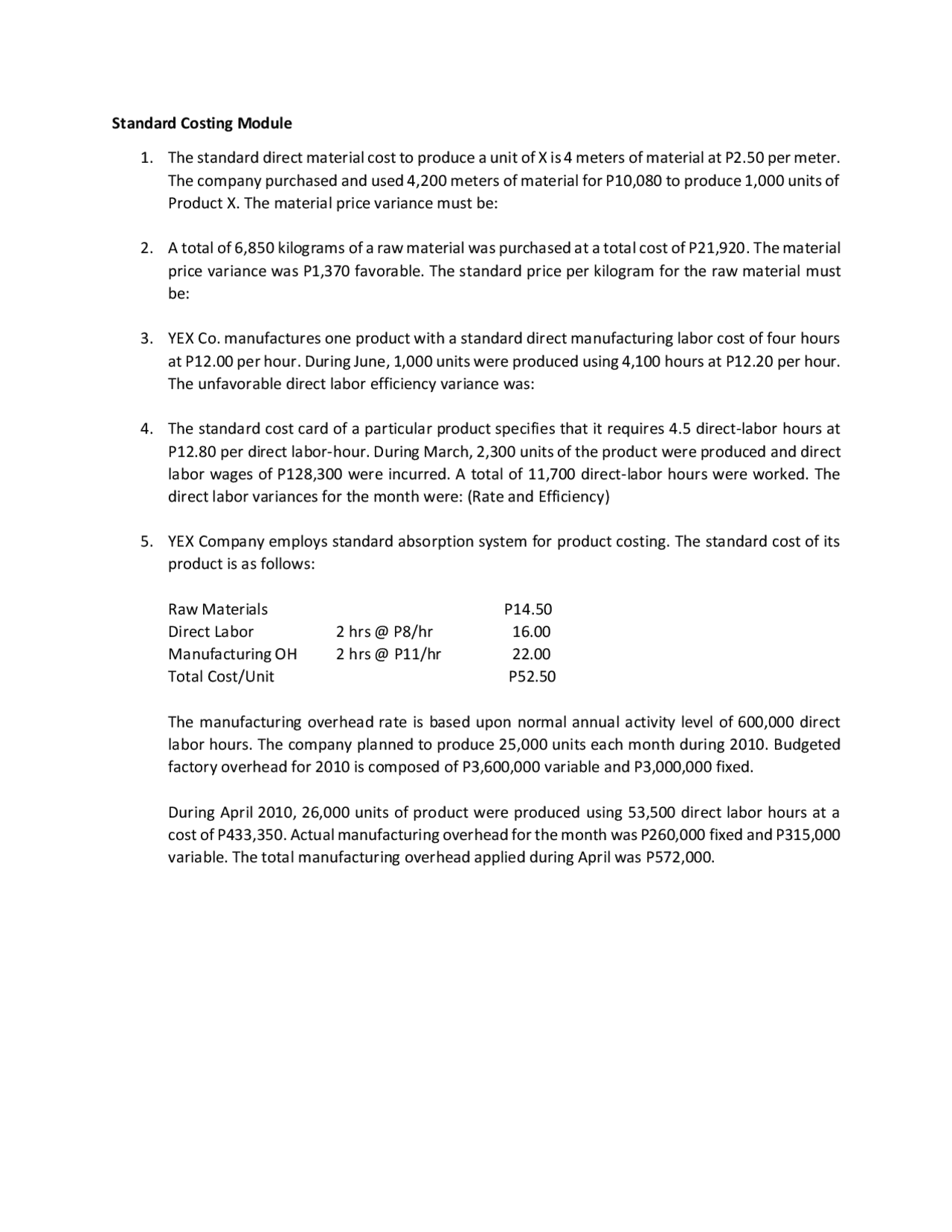 Standard Costing exercises - Docsity