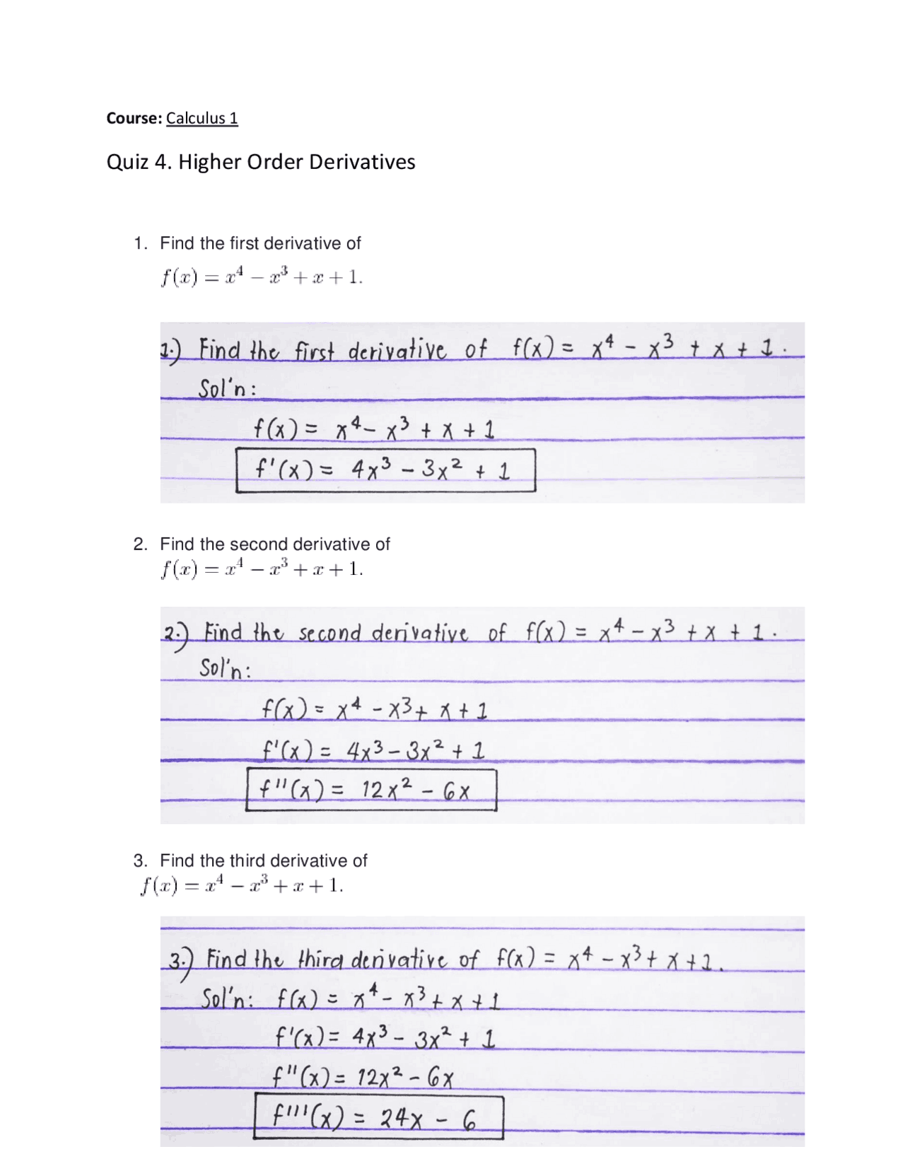 Calculus Quiz 4 Higher Order Derivatives Docsity