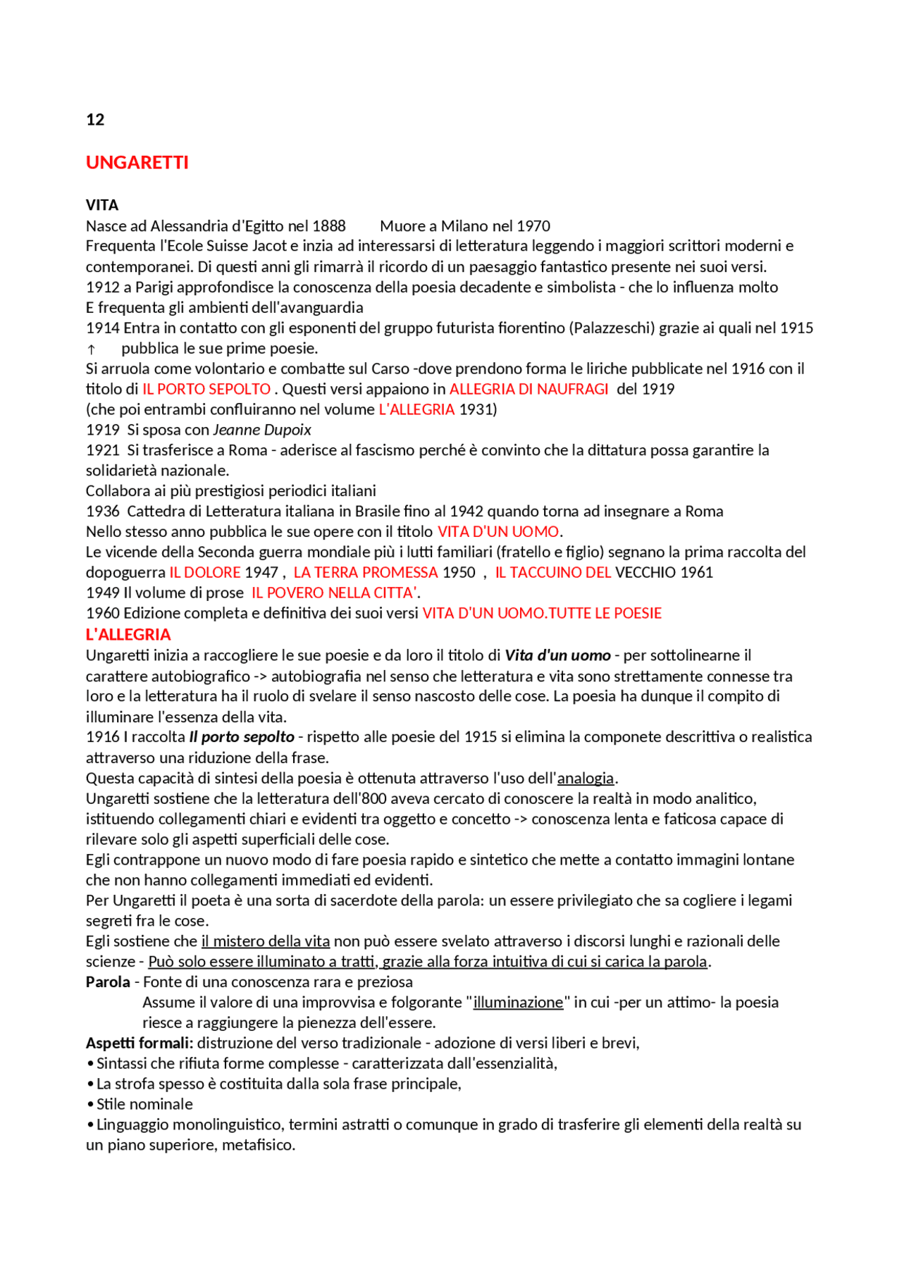 Ungaretti Vita E Opere In Sintesi Docsity