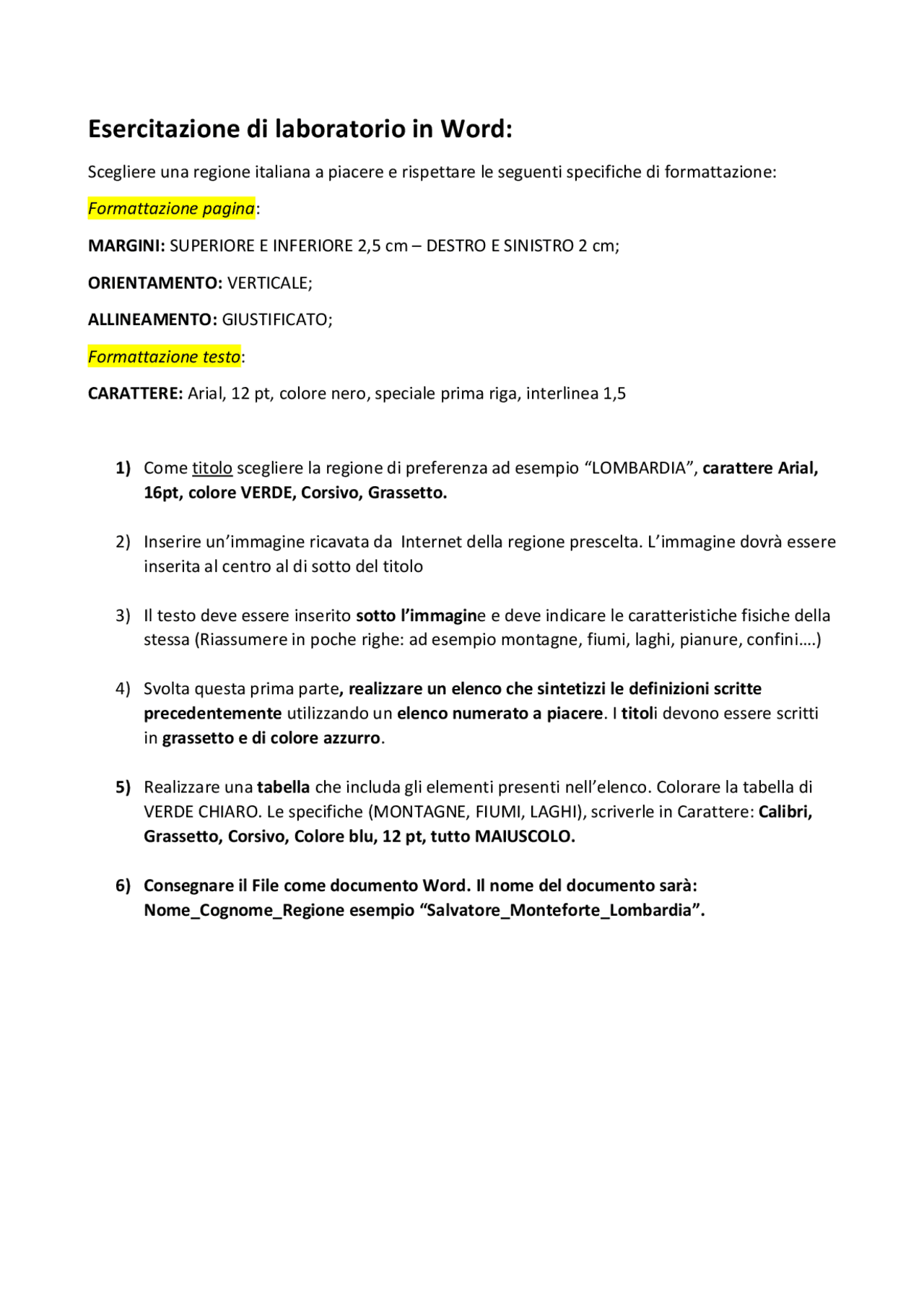 Esercitazione In Word Esercizi Di Informatica Docsity