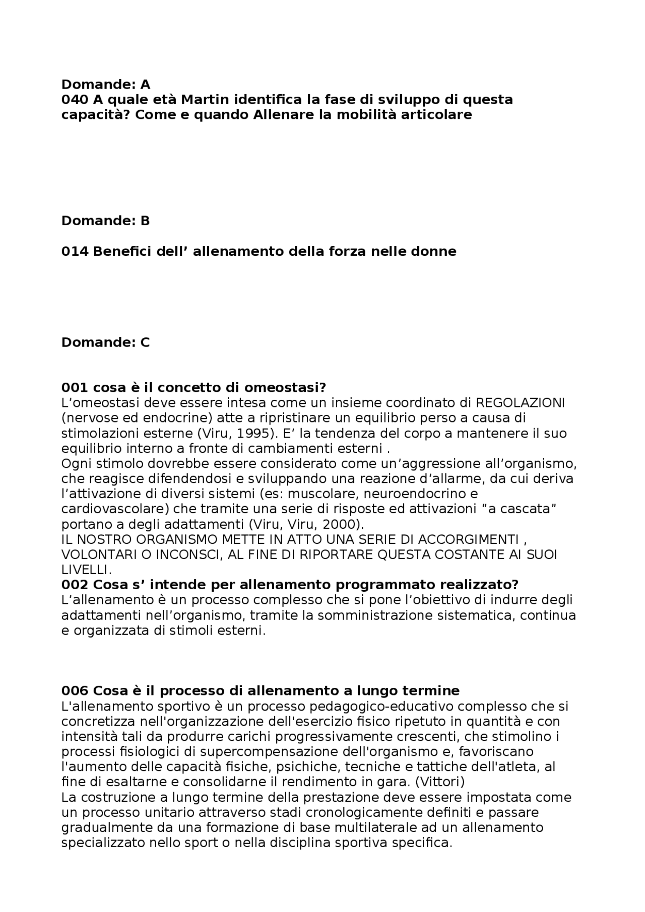 Domande Aperte Teoria E Metodologia Dellallenamento Docsity