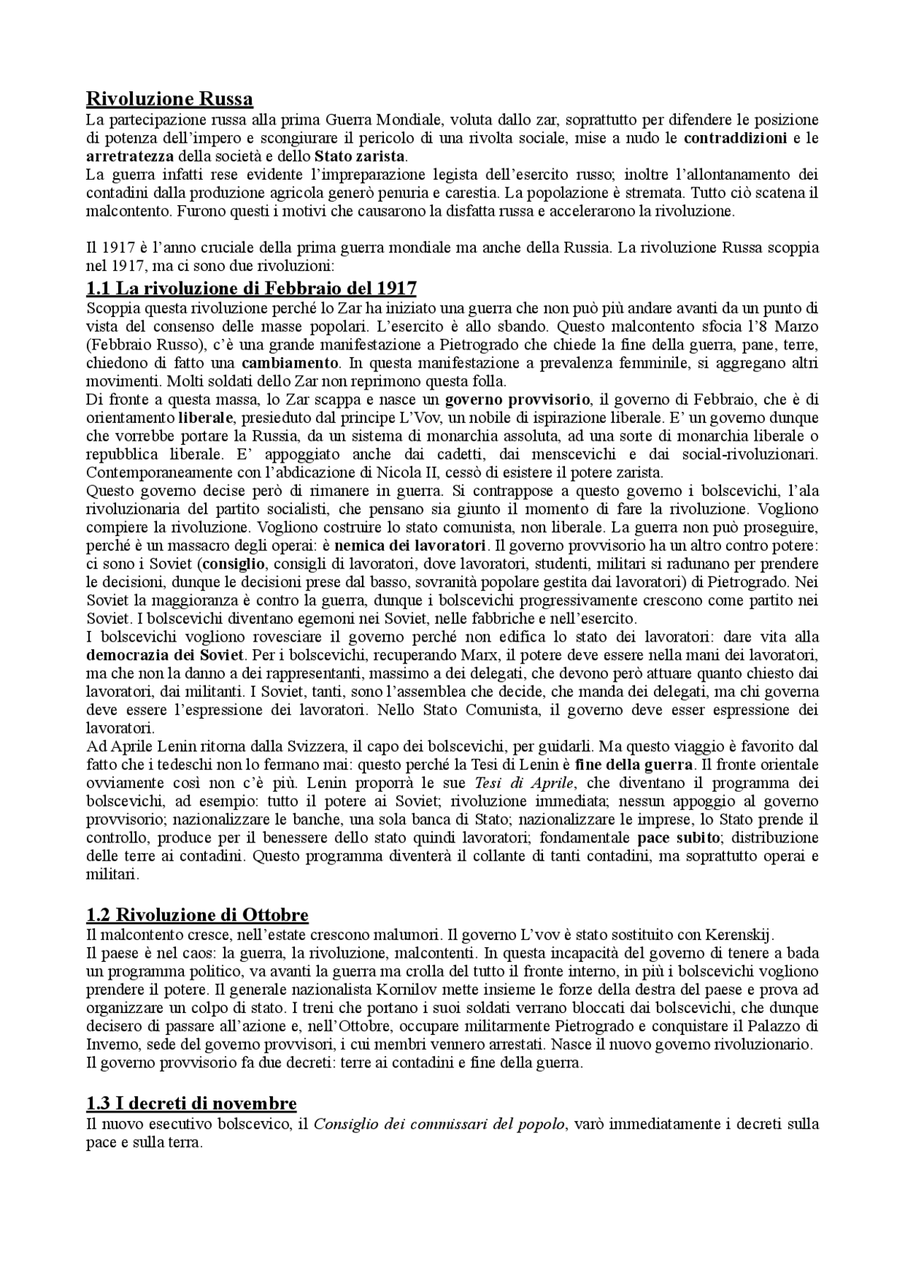 Rivoluzione Russa Liceo Classico Docsity