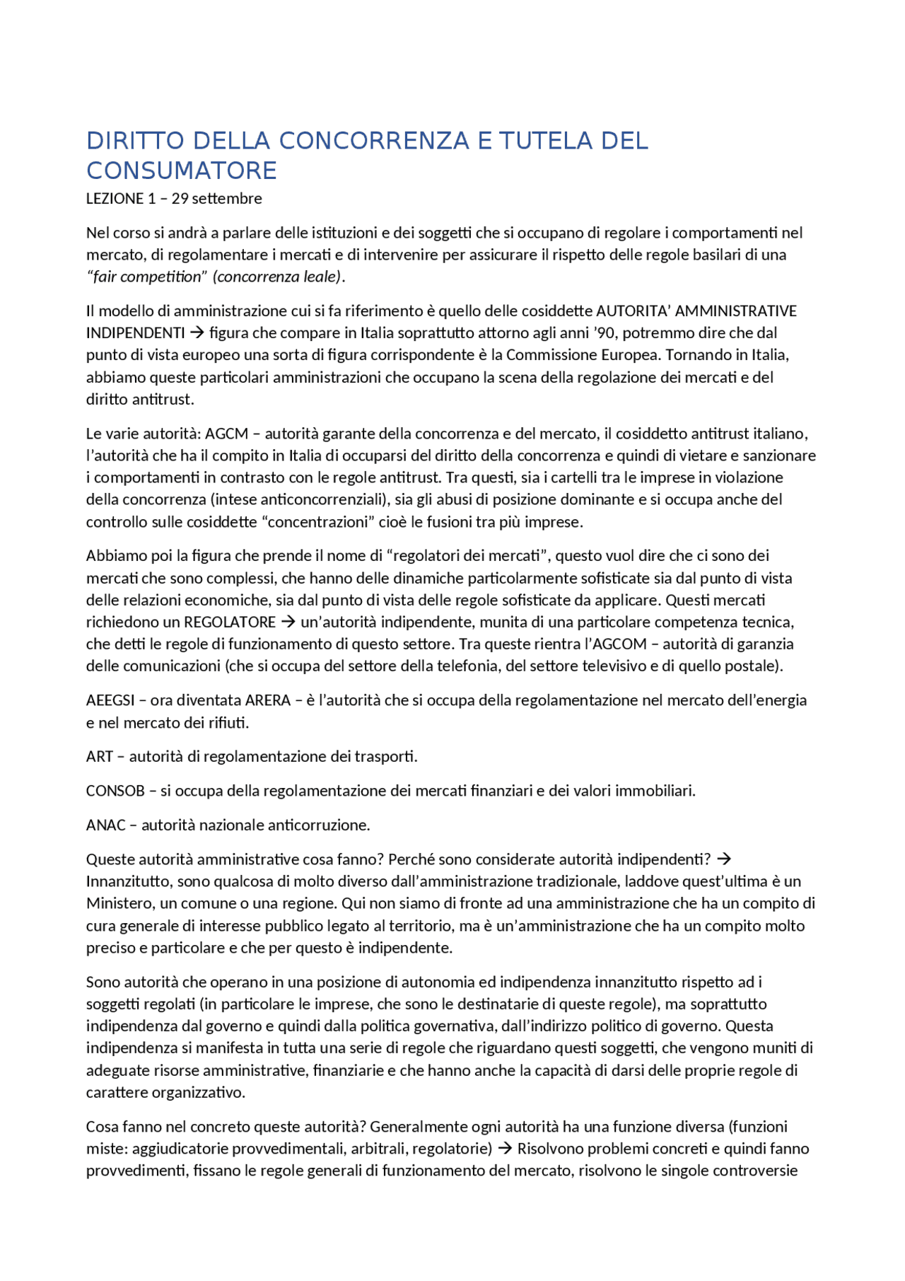 Lezione 1- 2 Diritto della Concorrenza e tutela del consumatore - Docsity