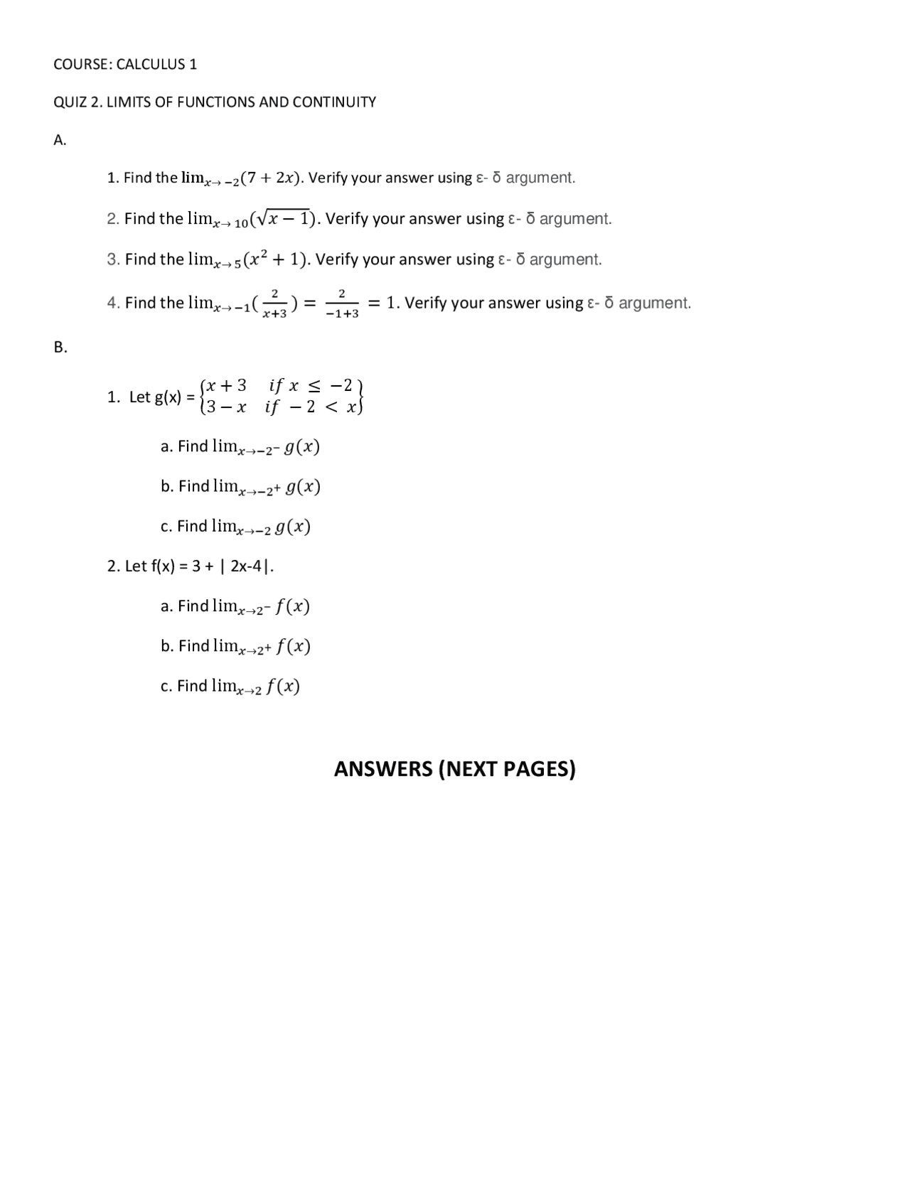 Calculus Quiz 2 Limits Of Functions And Continuity Quizzes Calculus