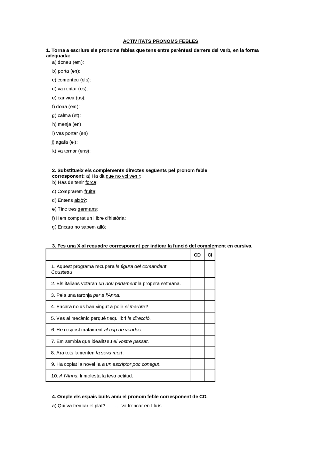 Activitats Pronoms Febles Docsity