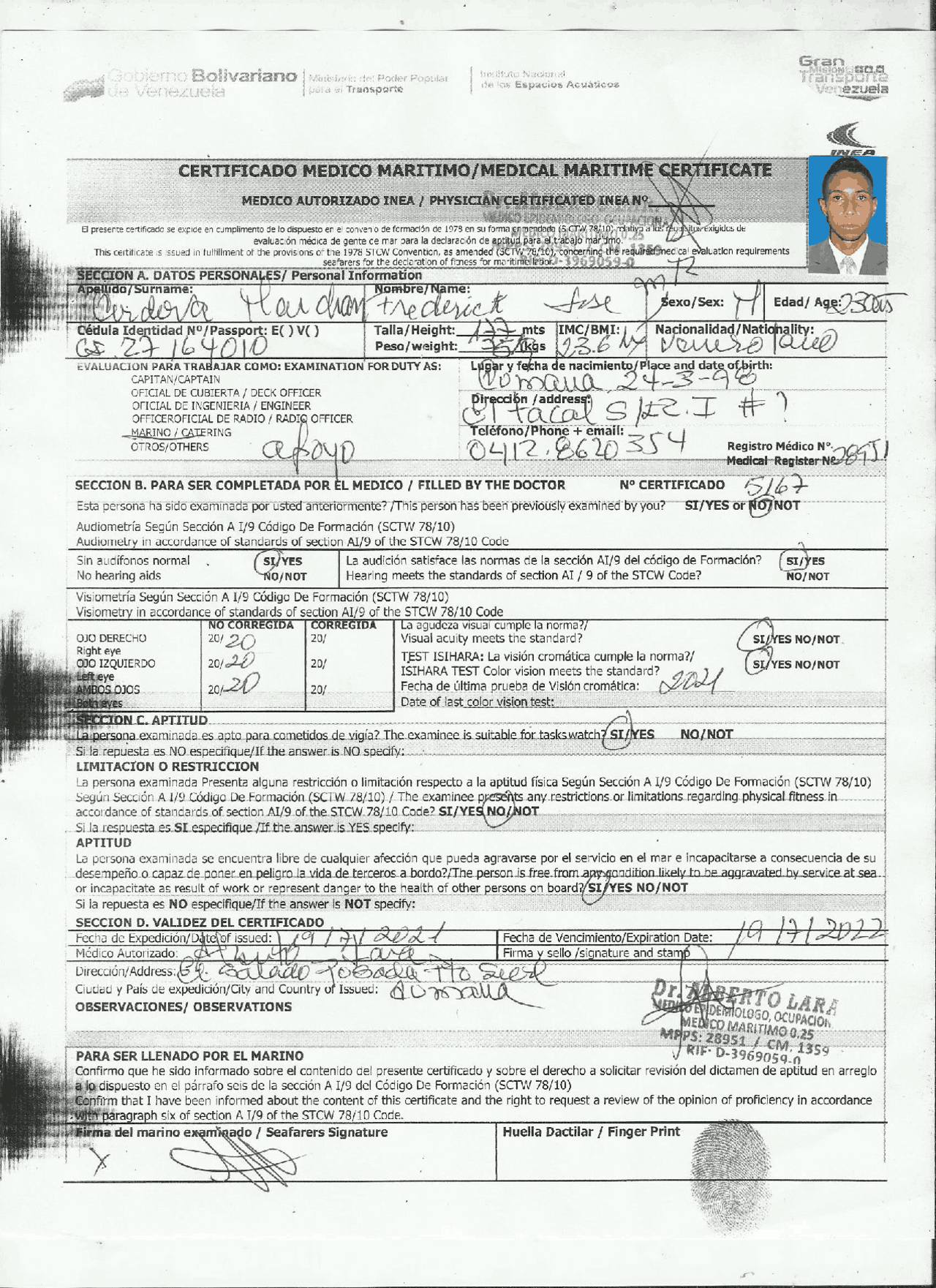 FORMATO MEDICO MARÍTIMO PARA LA GENTE DE MAR - Docsity