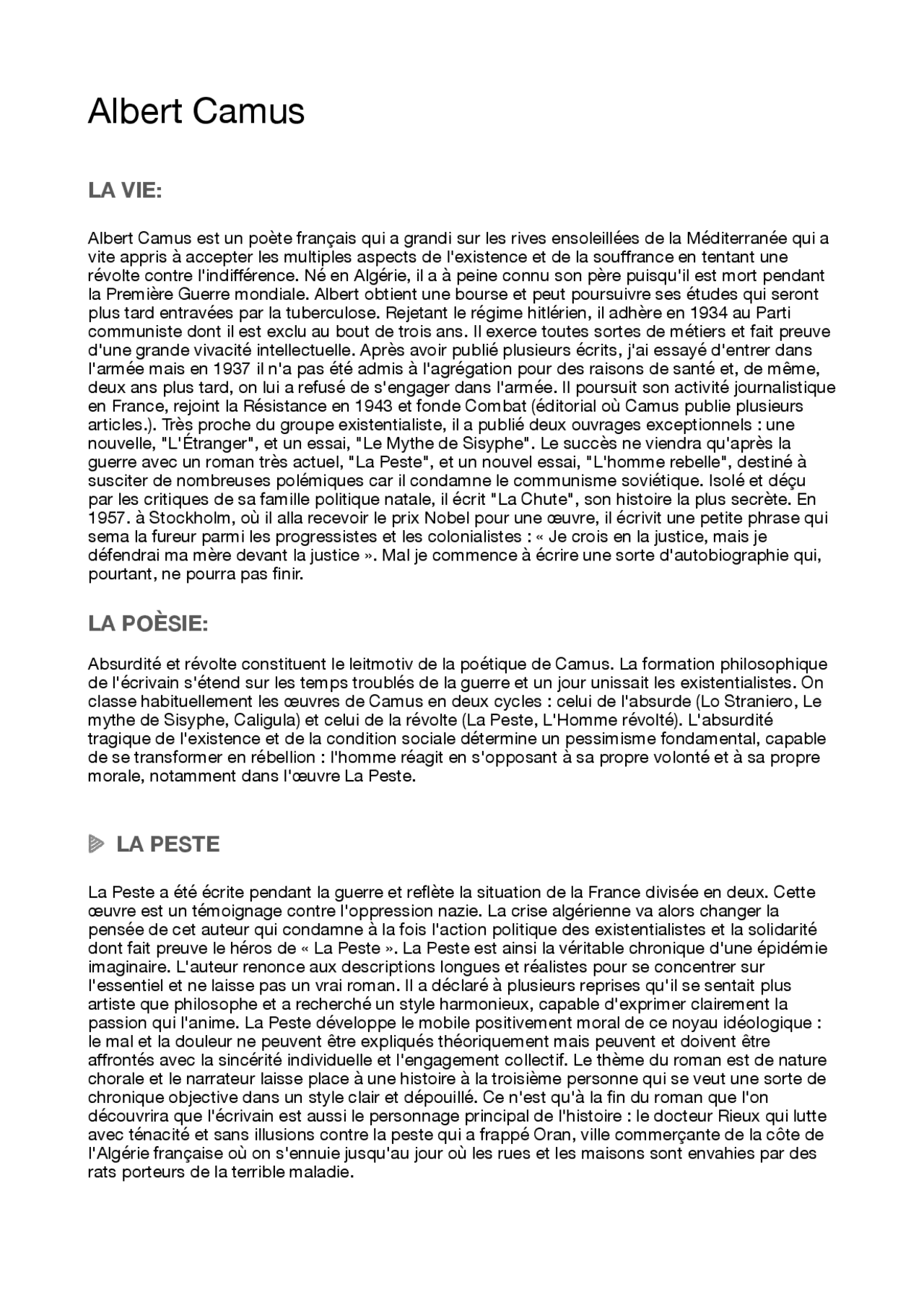 Albert Camus Le Poète Français Appunti Di Francese Docsity