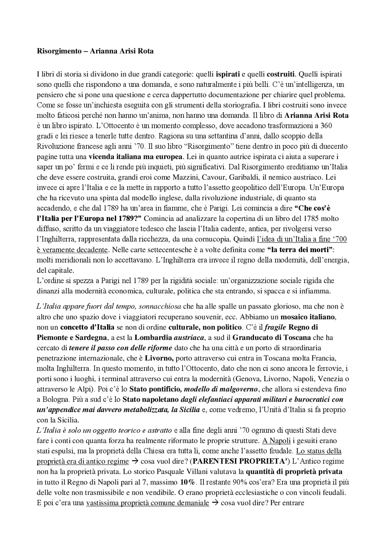 Riassunto integrato "Risorgimento" di Arianna Arisi Rota - Docsity