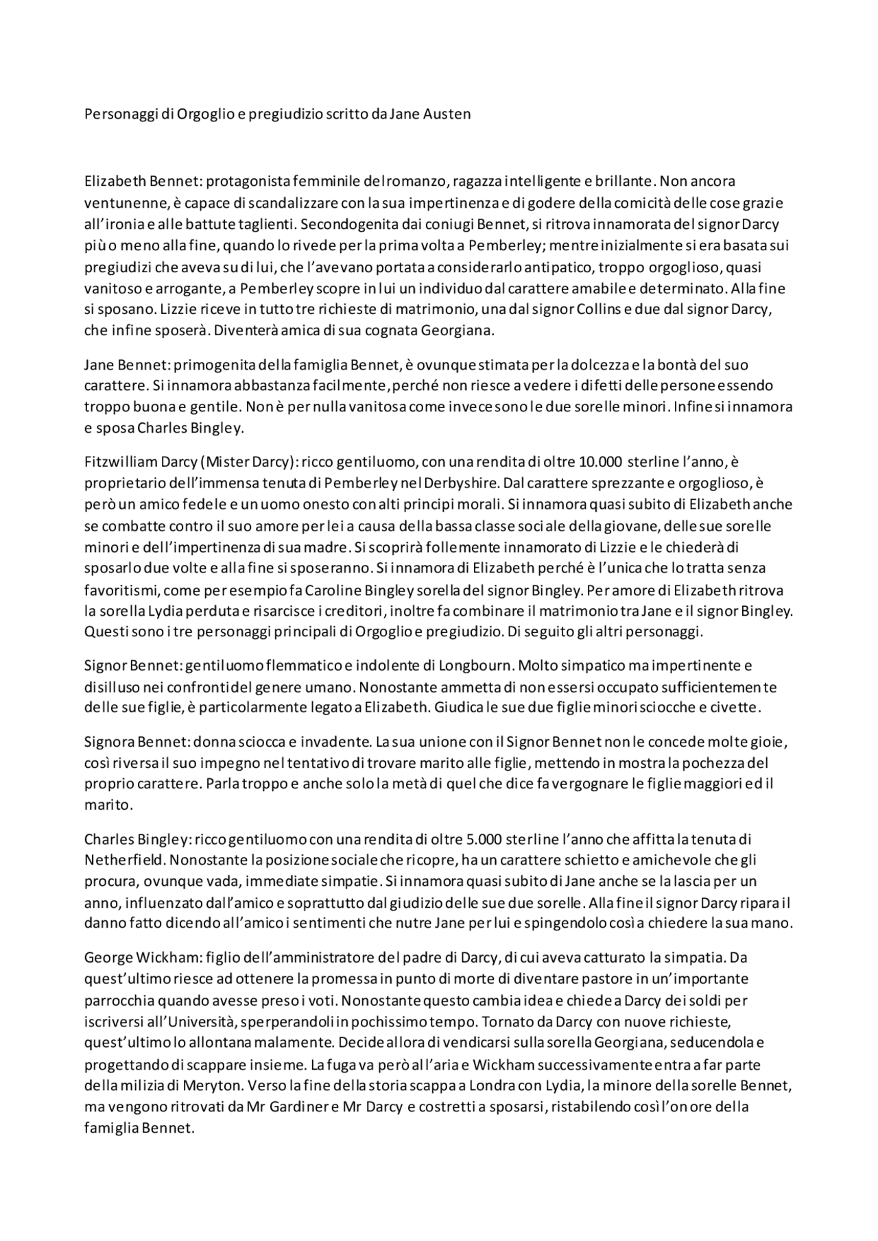 Appunti Su Orgoglio E Pregiudizio Docsity