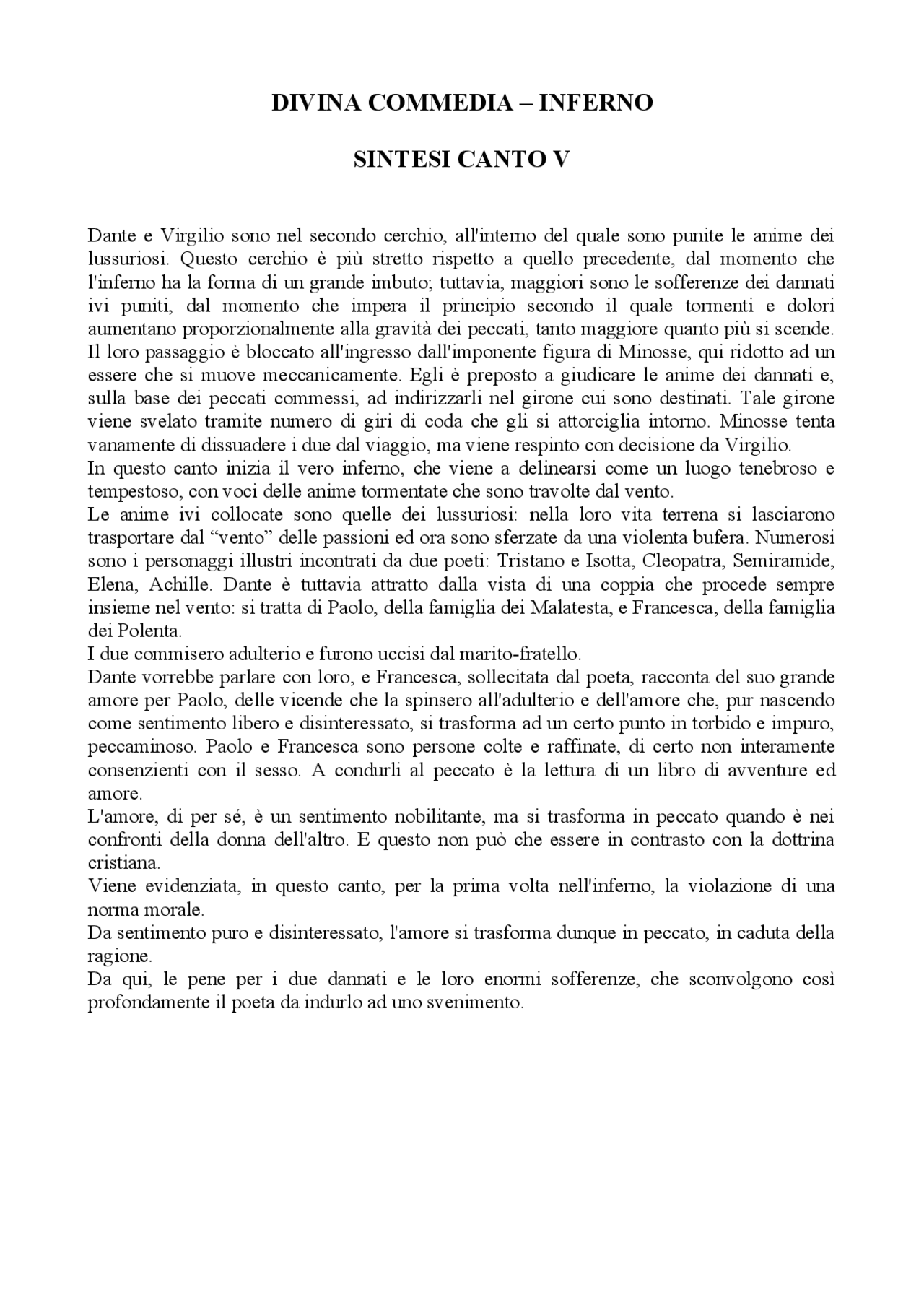 Divina Commedia, Inferno - Sintesi Canto V - Docsity