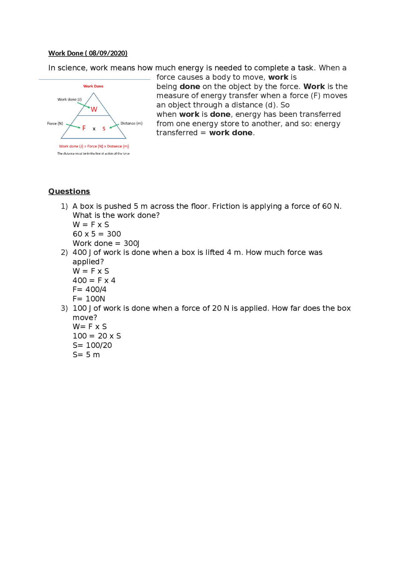 Work done revision notes | Summaries Physics | Docsity
