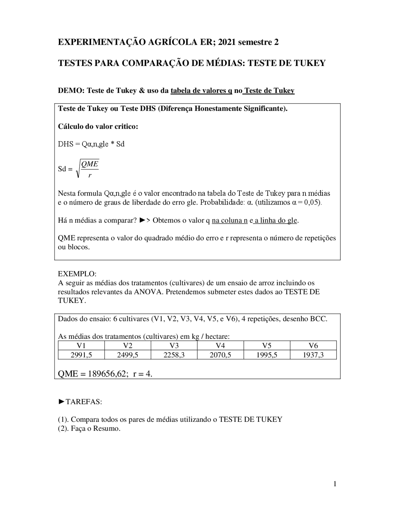 Teste de Tukey & uso da tabela de valores | Exercícios Diagnóstico ...