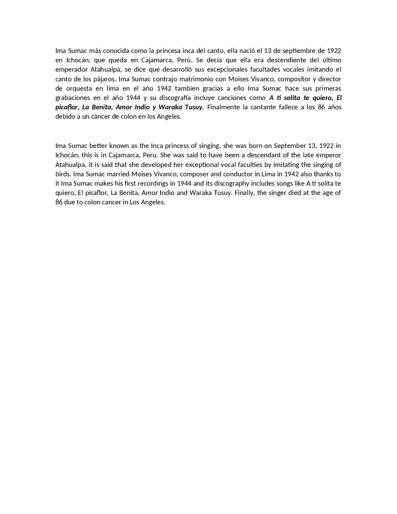 Ima Sumac curso ingles II - 2021 | Ejercicios de Idioma Inglés | Docsity