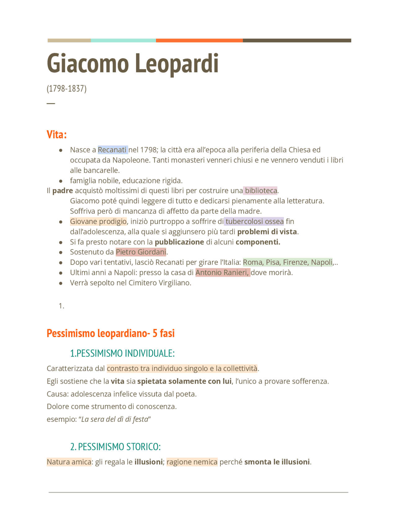 Giacomo Leopardi Schema Docsity