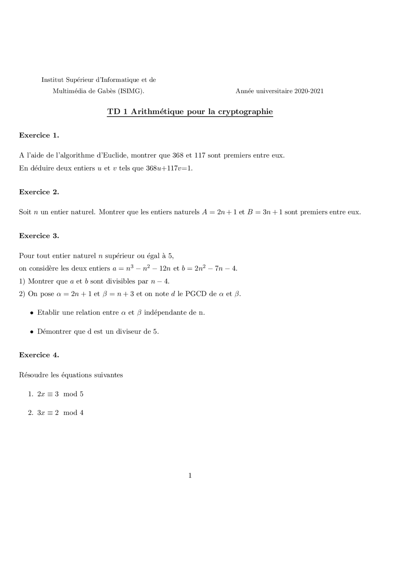 Arithmétique pour la cryptographie - Docsity
