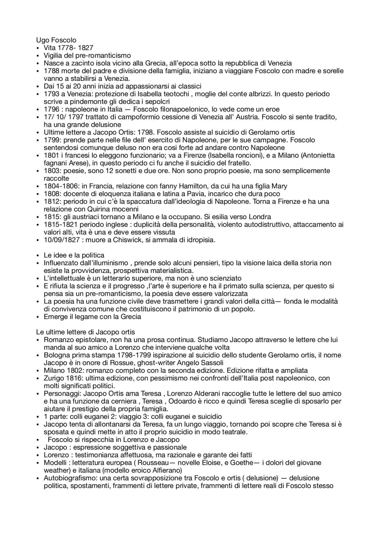Riassunto Ugo Foscolo Docsity