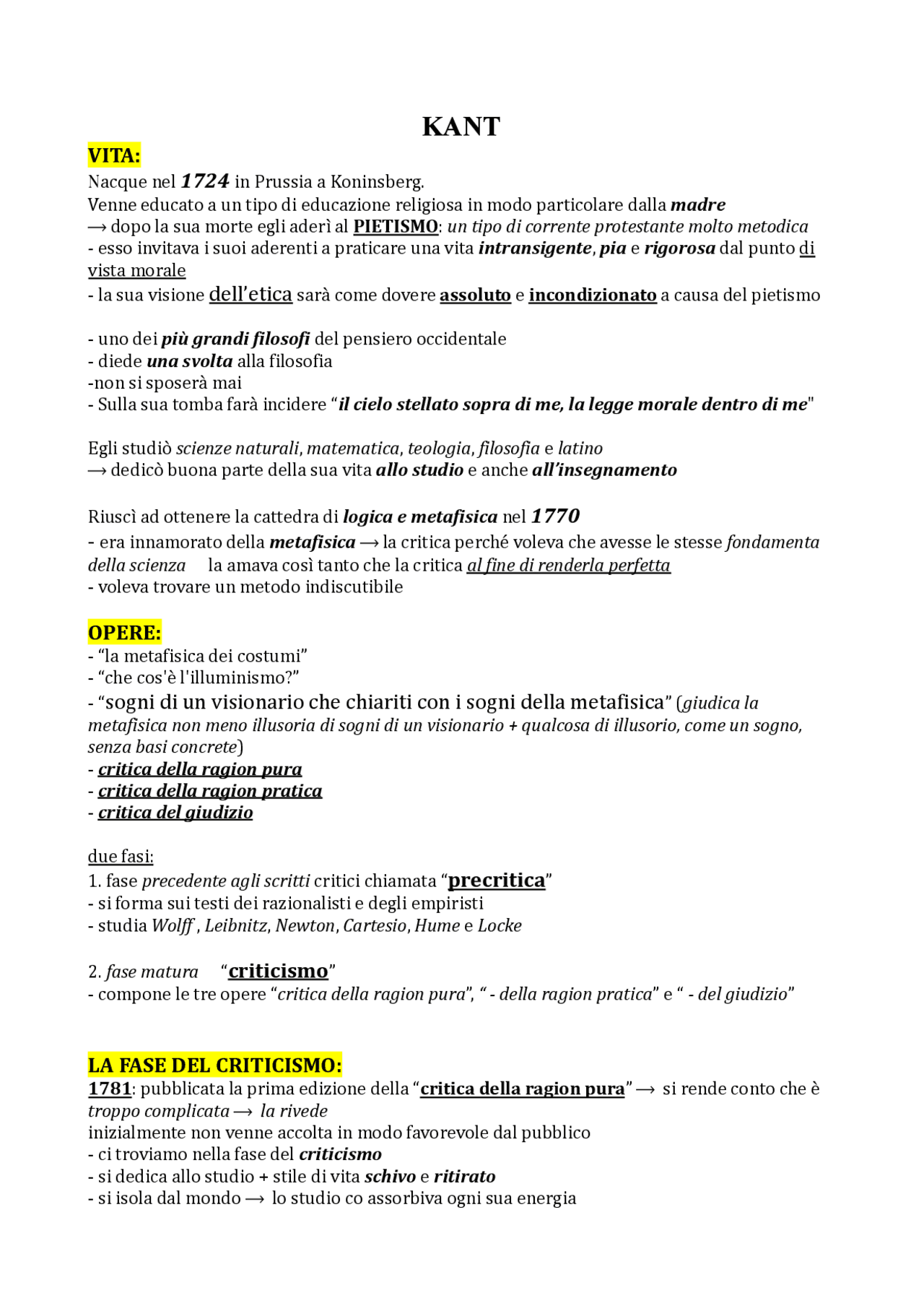 Analisi Vita E Filosofia Di Kant Docsity