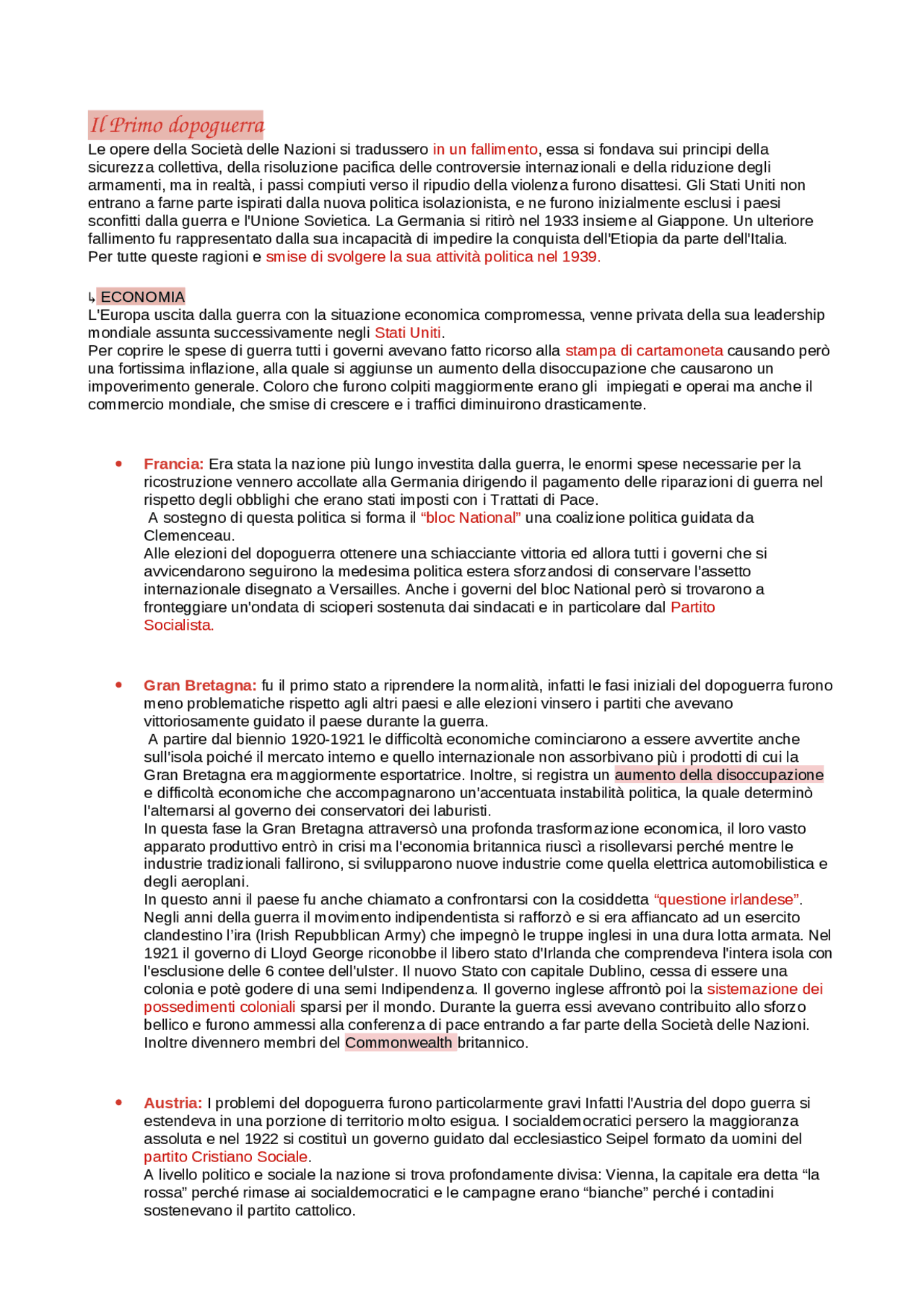Il Primo Dopo Guerra Docsity