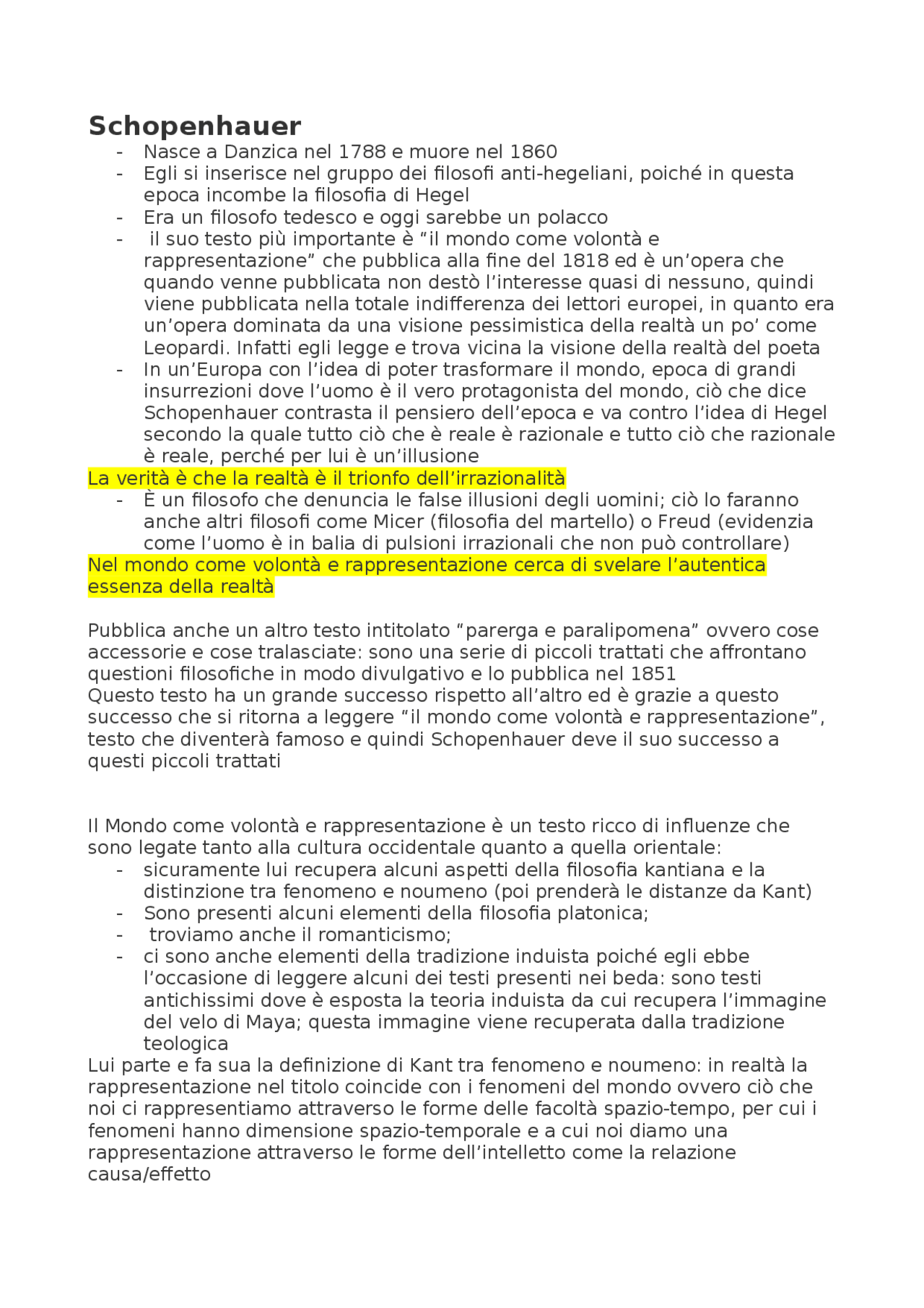 Schopenhauer e il suo pensiero - Docsity