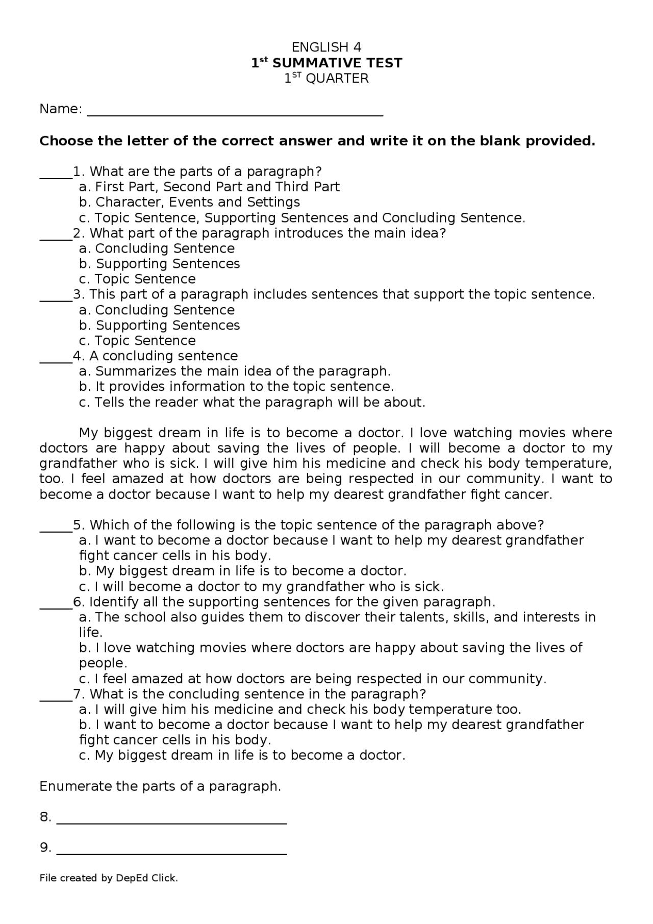 Quarterly Assessment in grade 4 english | Exercises English | Docsity