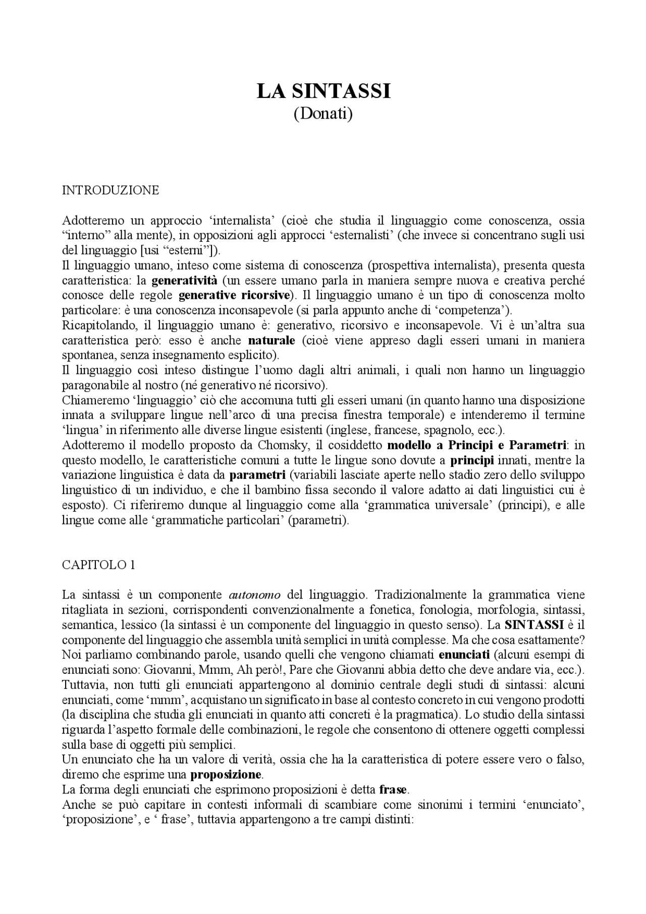 La sintassi - Donati (riassunto) - Docsity