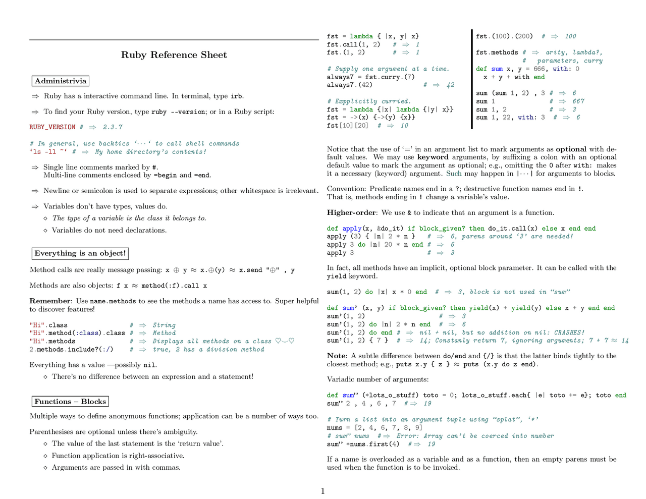 Rubyreferencesheetena4pdf Docsity 