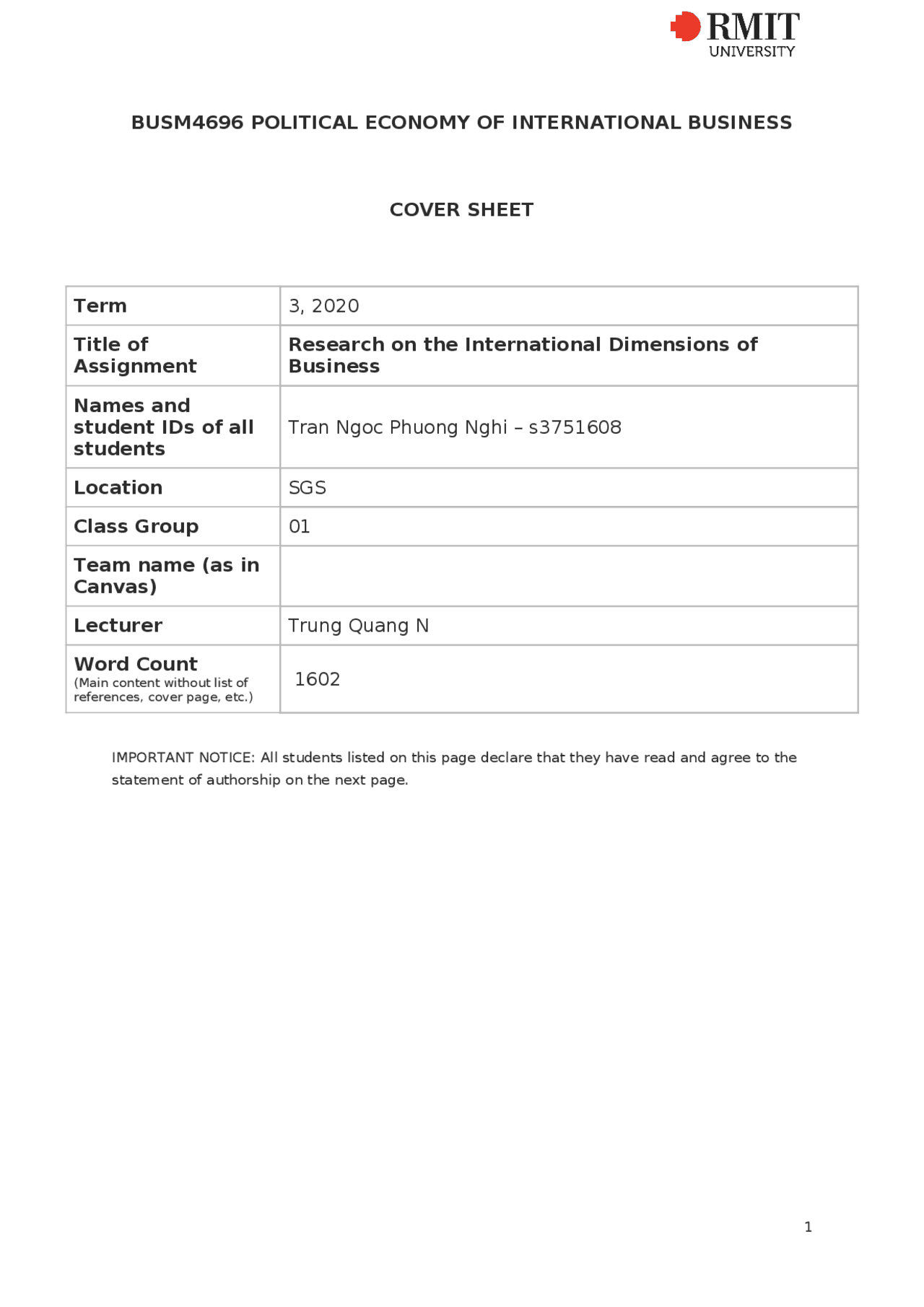 Research on the International Dimensions of Business - Docsity