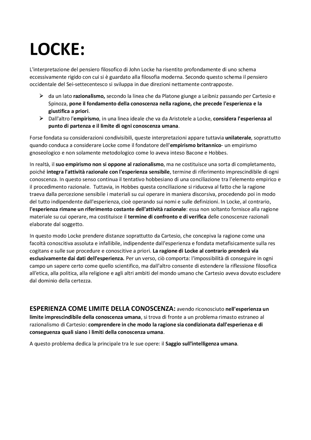 Locke ( Filosofia moderna. Fra Seicento e Settecento) - Docsity