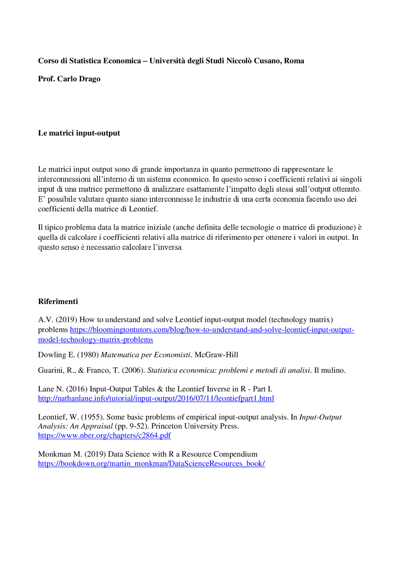 Matrici Input Output Sintesi Del Corso Di Statistica Docsity