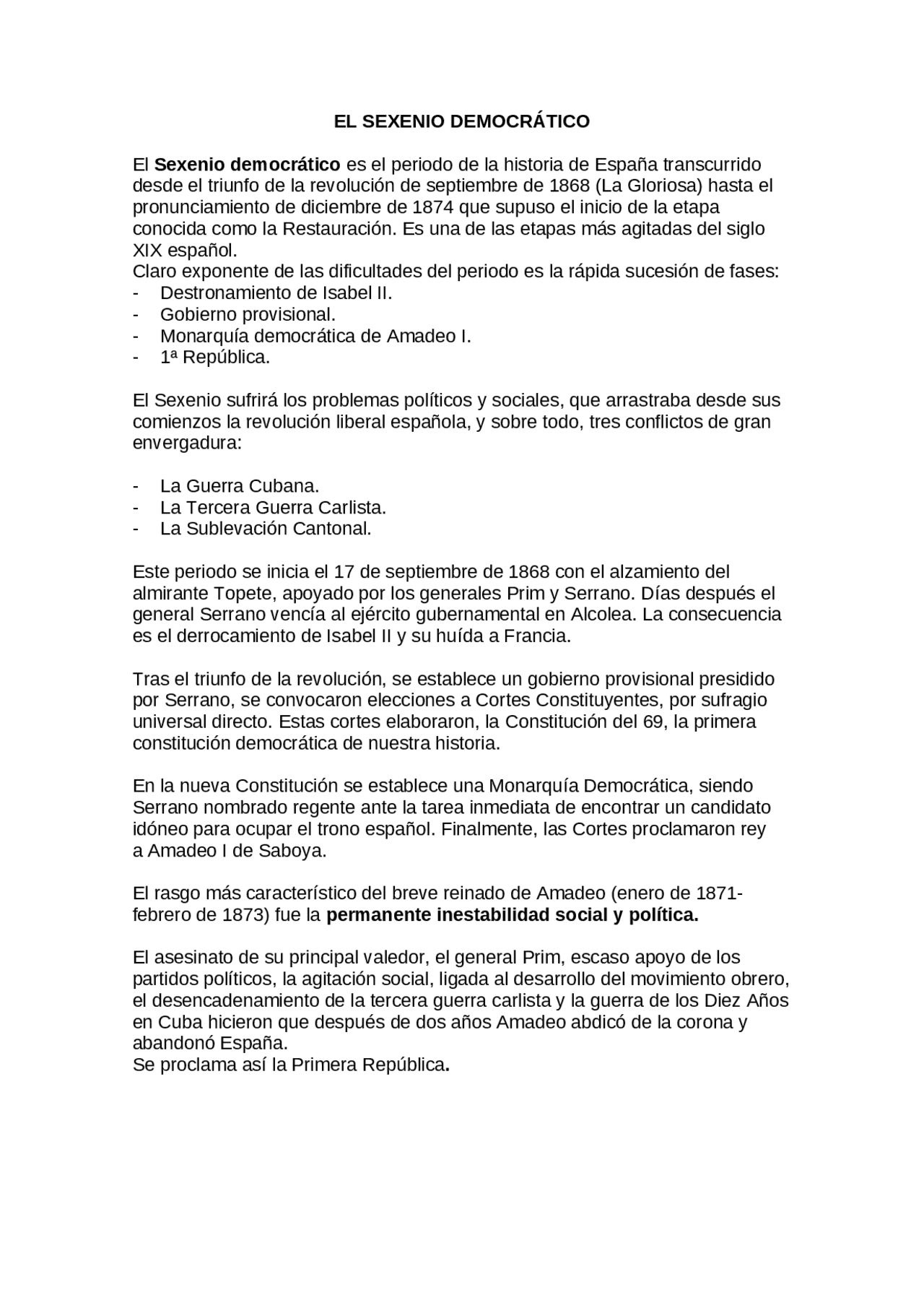 EL SEXENIO DEMOCRÁTICO, HISTORIA DE ESPAÑA - Docsity