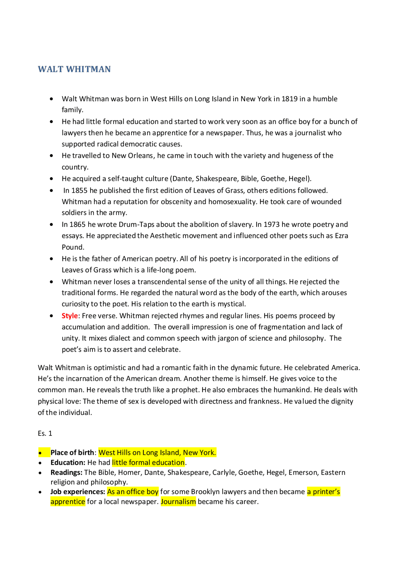 Oscar Wilde and Walt Whitman con esercizi svolti - Docsity