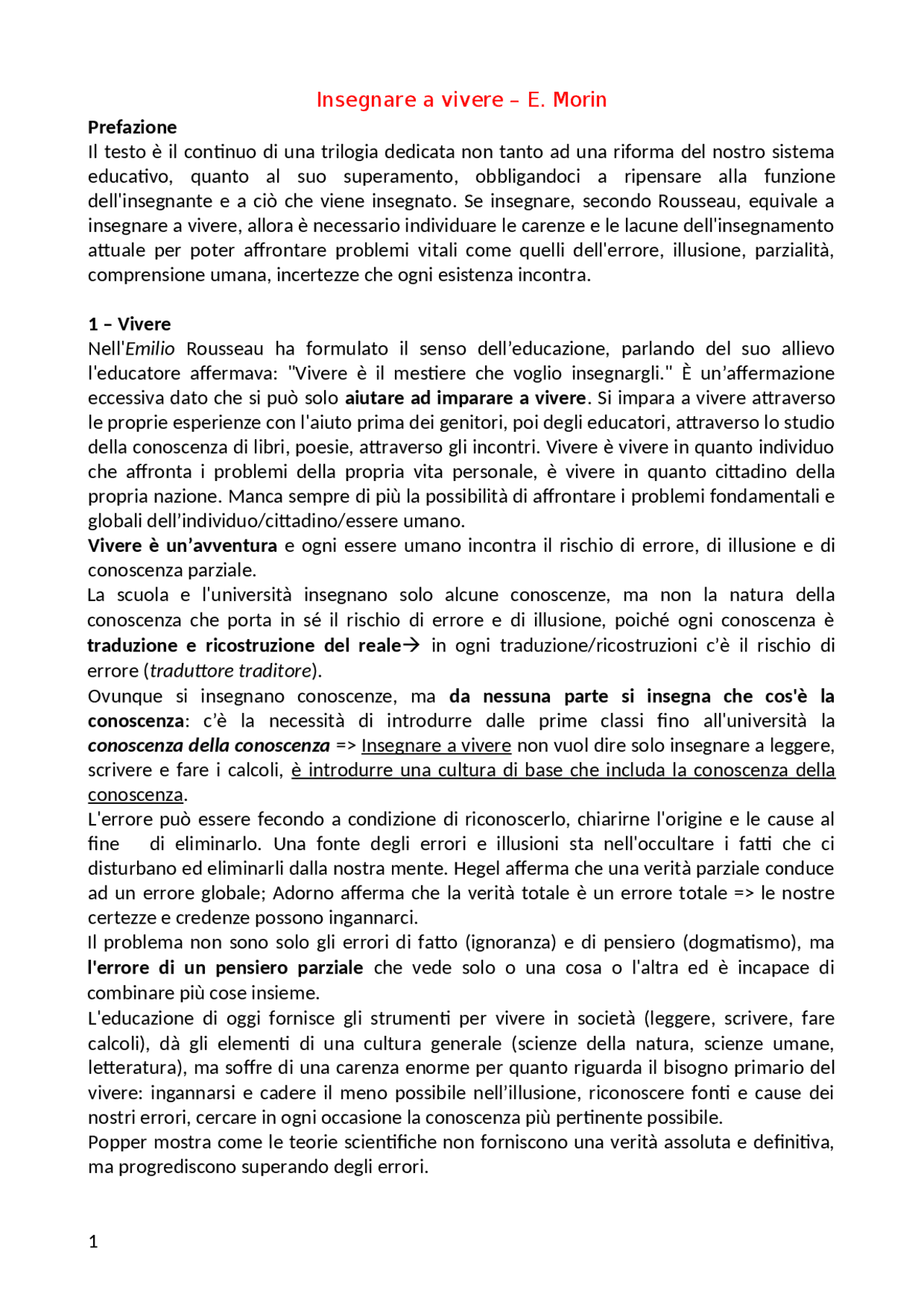 Insegnare A Vivere Morin Sintesi Del Corso Di Filosofia Docsity