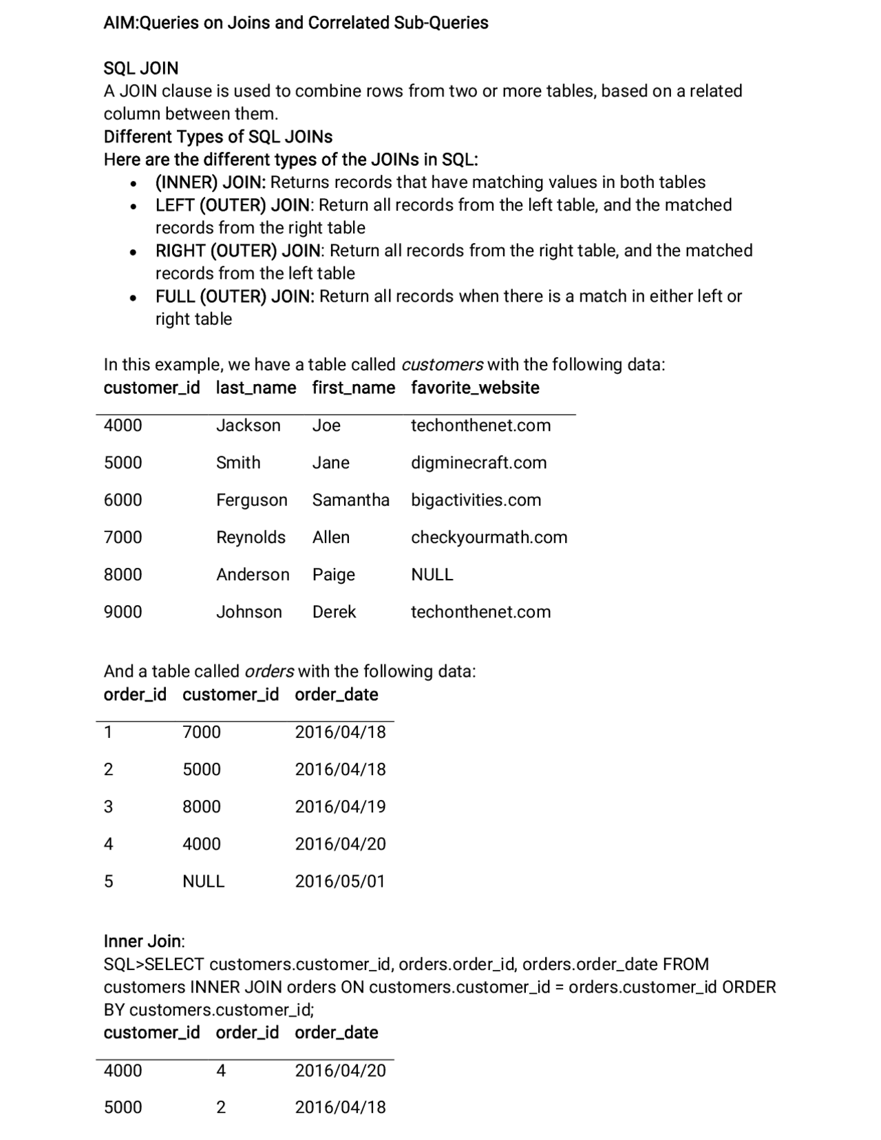 Brief Notes On Queries On Joins And Correlated Sub Queries Docsity