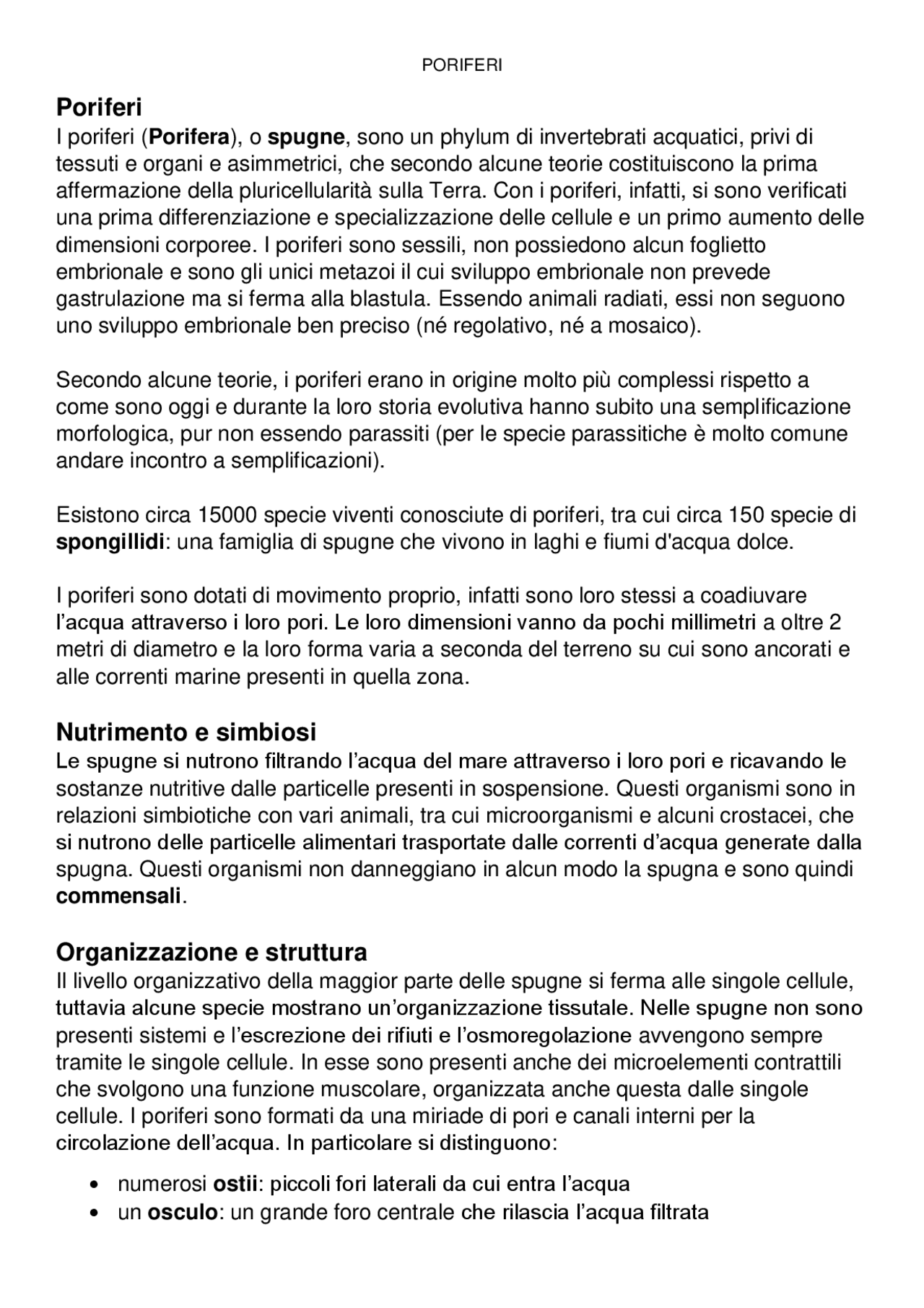 Poriferi E Placozoi Riassunto Docsity