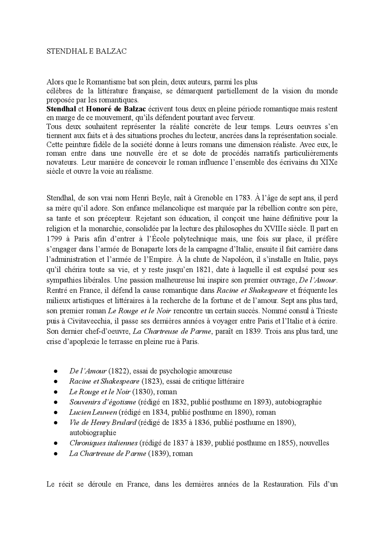 Stendhal E Balzac Vita E Opere Docsity