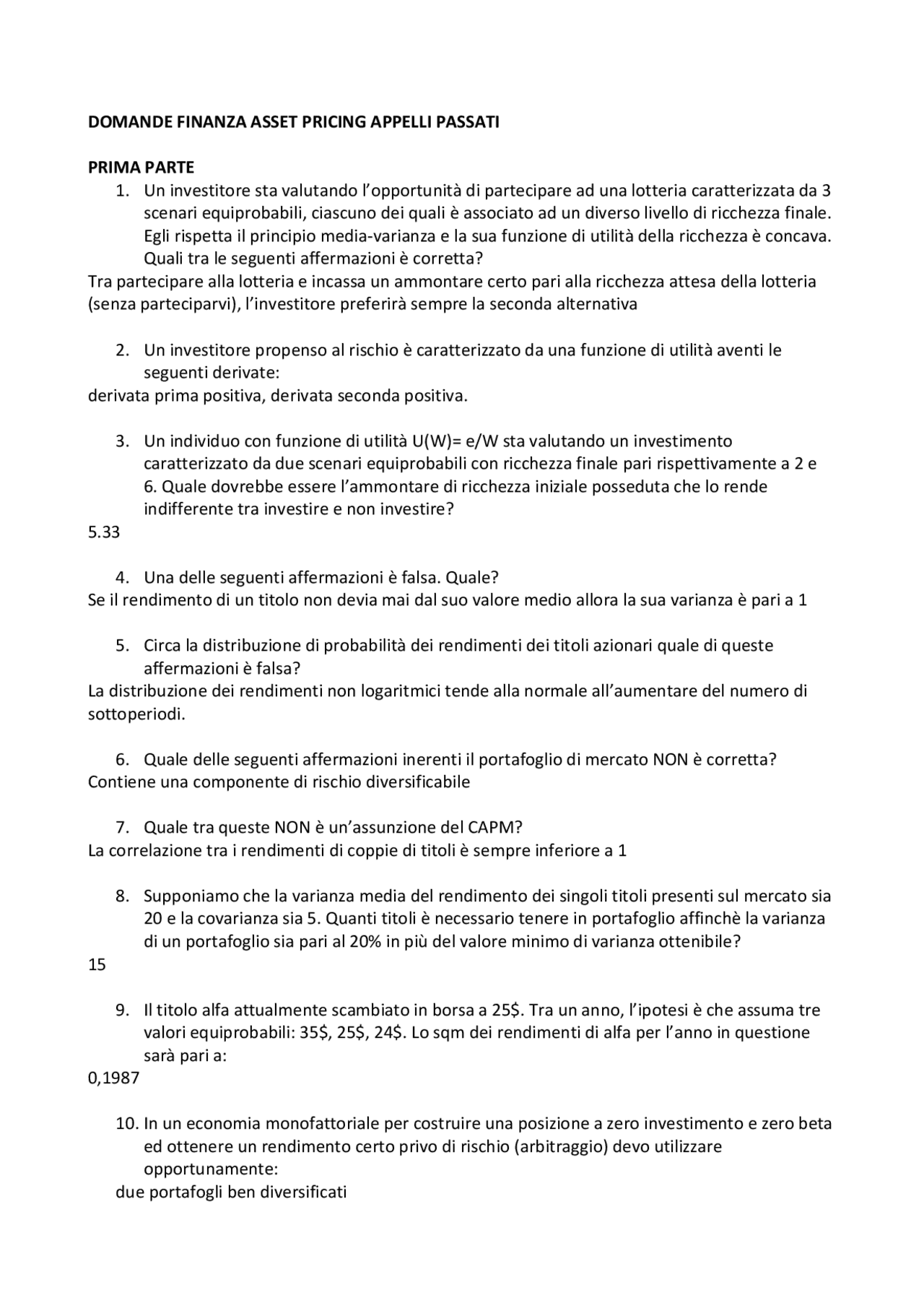 Domande Esame Finanza Asset Pricing Prove Desame Di Finanza Docsity