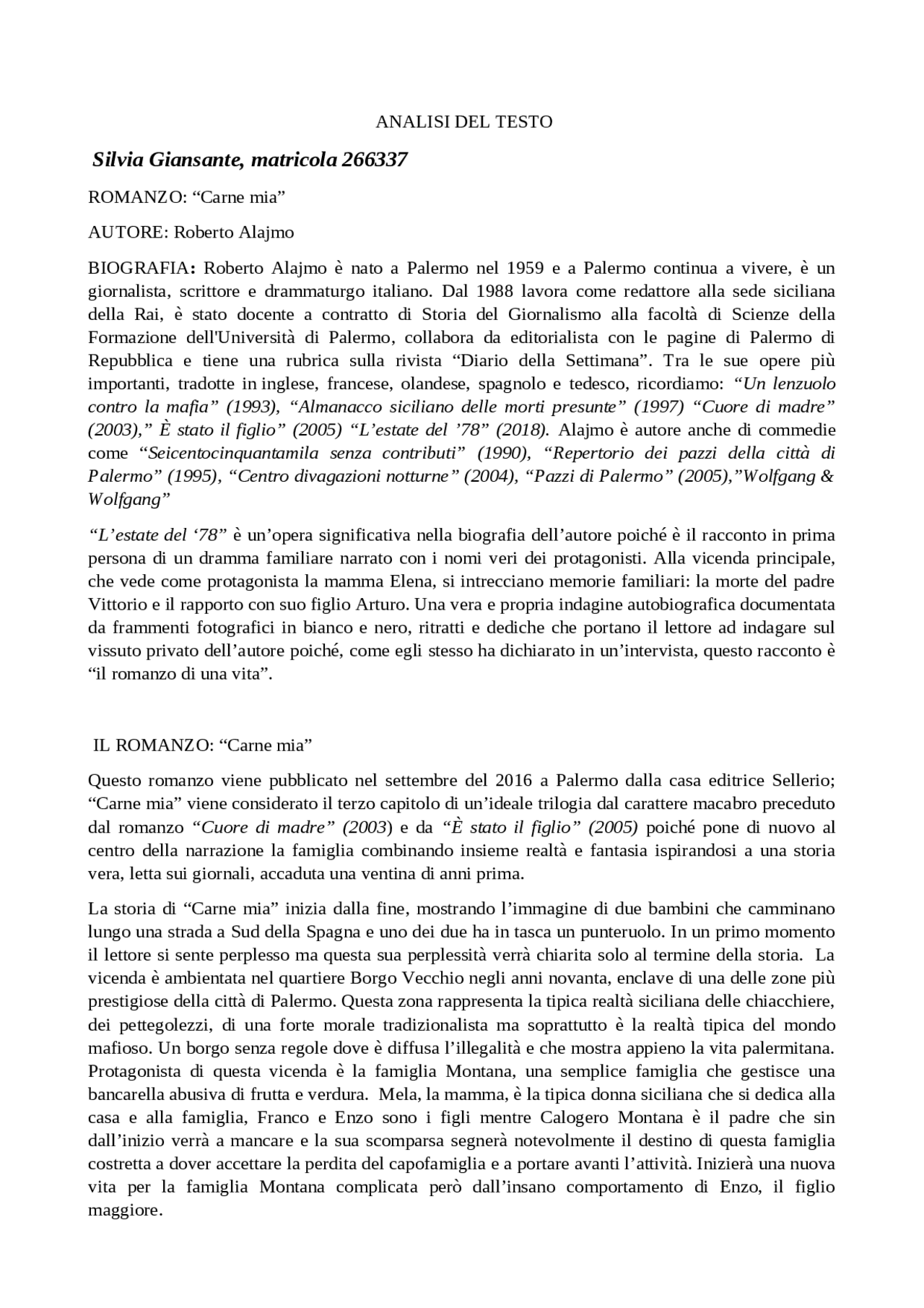 Riassunto Libro Carne Mia Docsity