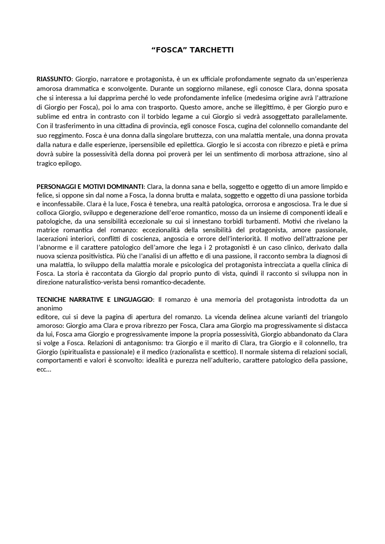 Fosca Di Tarchetti Riassunto Docsity