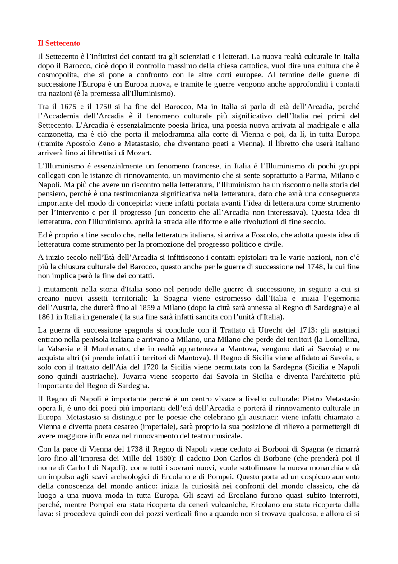 Il settecento e l'arcadia | Schemi e mappe concettuali di Italiano | Docsity