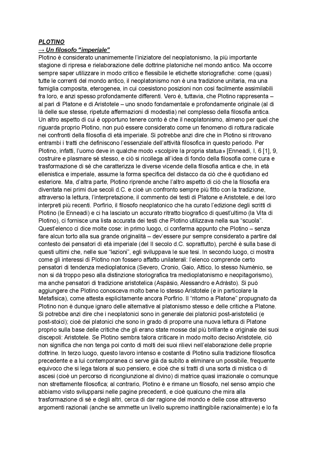 Riassunto Plotino Dal Manuale Esposito Porro Docsity