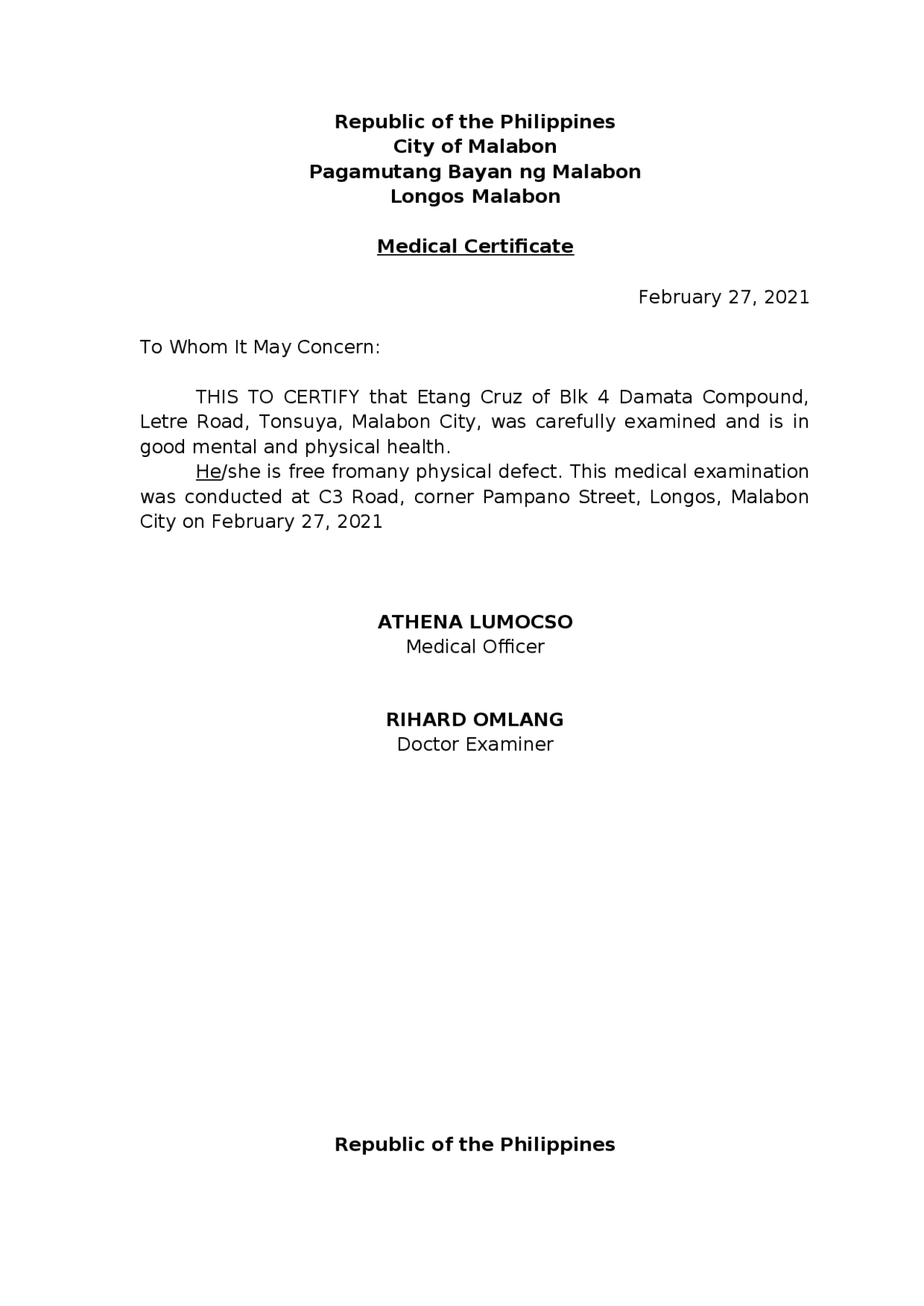 Medical Certificate for Police Spot Report - Docsity