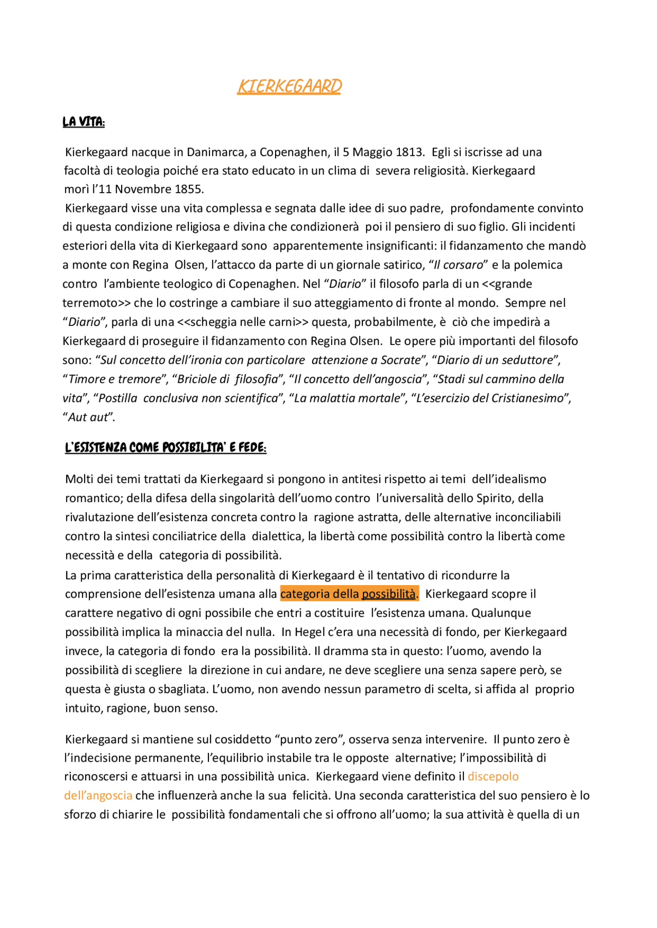 Kierkegaard Vita Opere E Pensiero Docsity