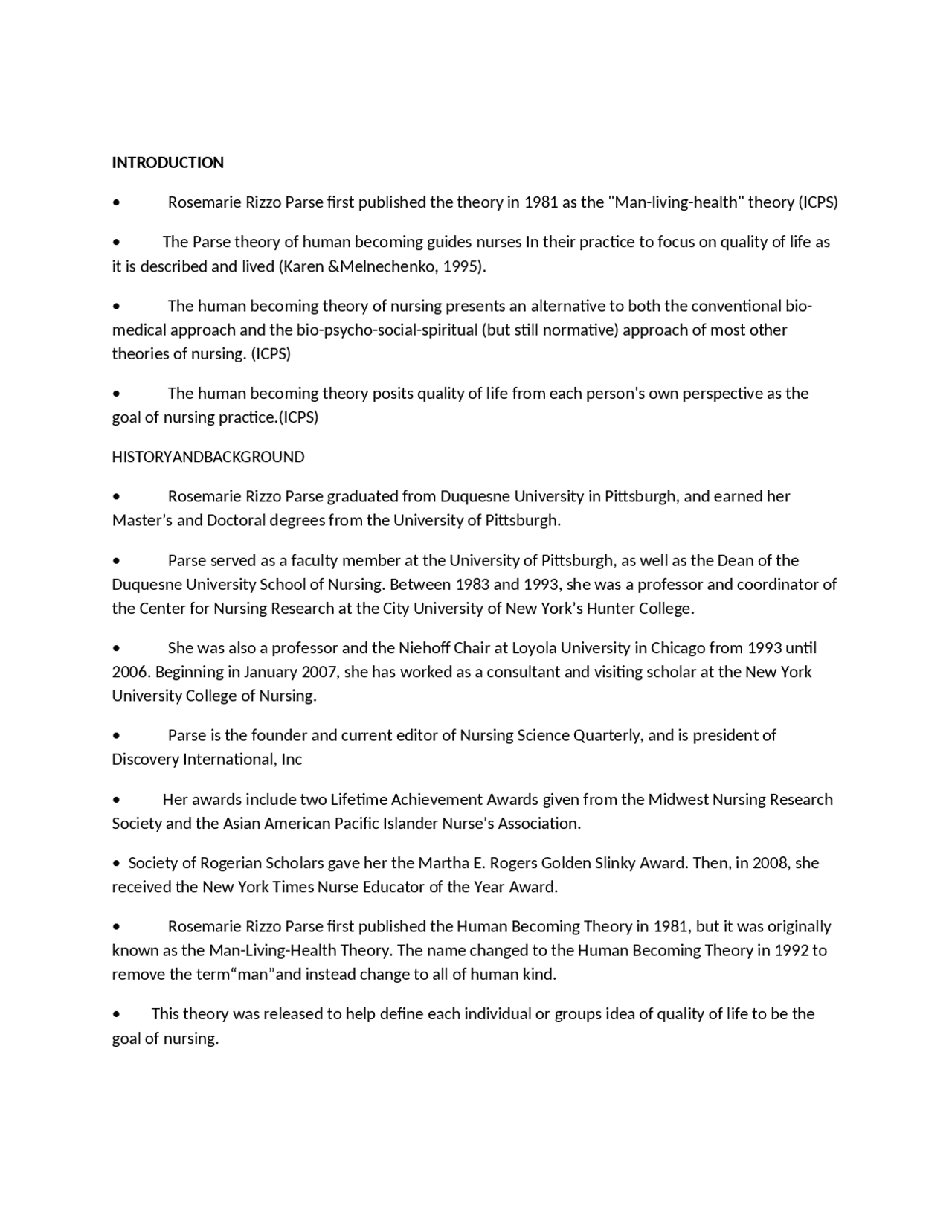 Human Becoming Theory By Parse Docsity